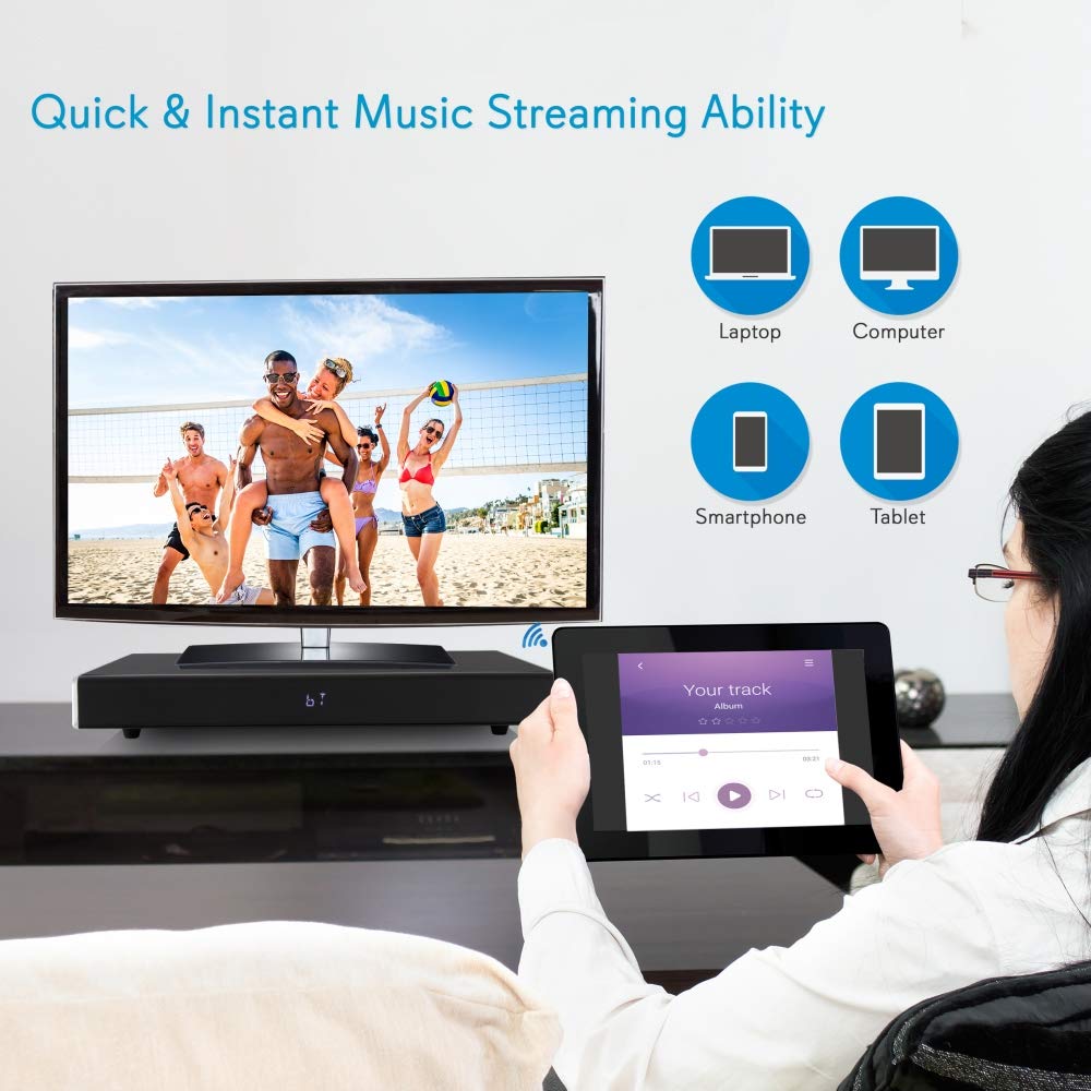 Pyle Surround Sound TV Sound Bar - Bluetooth Compatible Wireless Soundbar for TV w/Built-in Subwoofer Speaker - Television Sound Bar System w/LCD/Digital Optical Audio/RCA/AUX/USB - PSBV820BT, Black