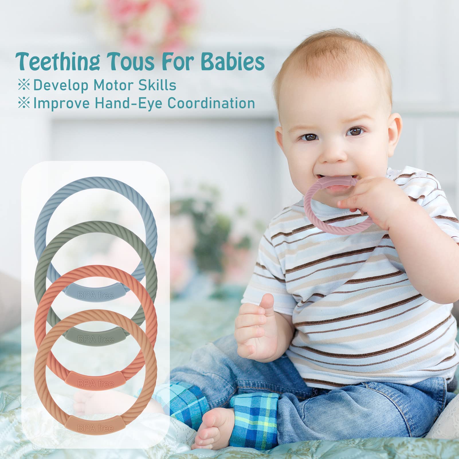 Baby Teething Rings,Baby teether Toys, Soft Silicone Teether Bracelets for 3+Month Babies,Wearable as Mom Bracelets,Baby chew Toys,BPA Free,4 Pack (Ether+Sage+Muted+Apricot)