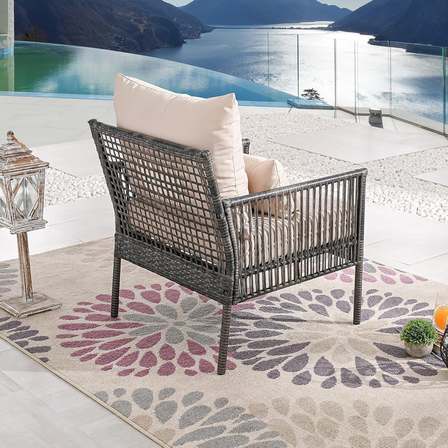 LOKATSE HOME 2 Piece Patio Dining Club Chairs Wicker Rattan Furniture Thick Cushion Seat, Beige