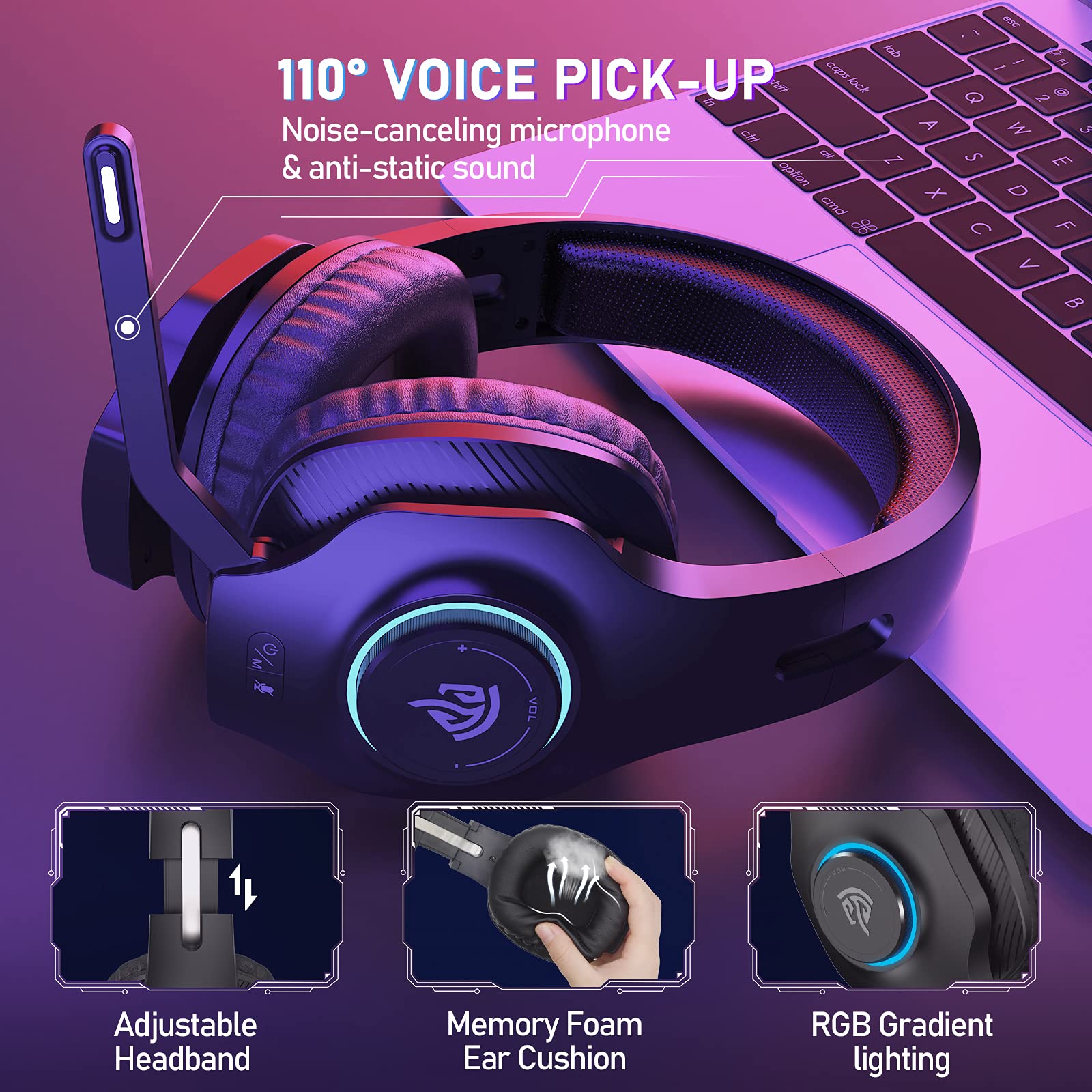 EasySMX USB Gaming Headset, PS5 Headset, 7.1 Surround Sound Stereo Gaming Headphones for PS4, PC Games, Over-Ear Gamer Headphones with (Brown-Black)