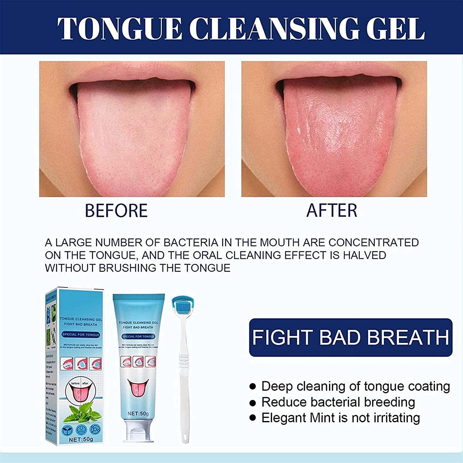 Aolodoo Tongue Cleansing Gel, Tongue Cleaner Brush Kit, Scraper, Scrubber, Fight Bad Breath, Oral Deodorant, Fresh Mint, Odor Eliminator (2pcs)