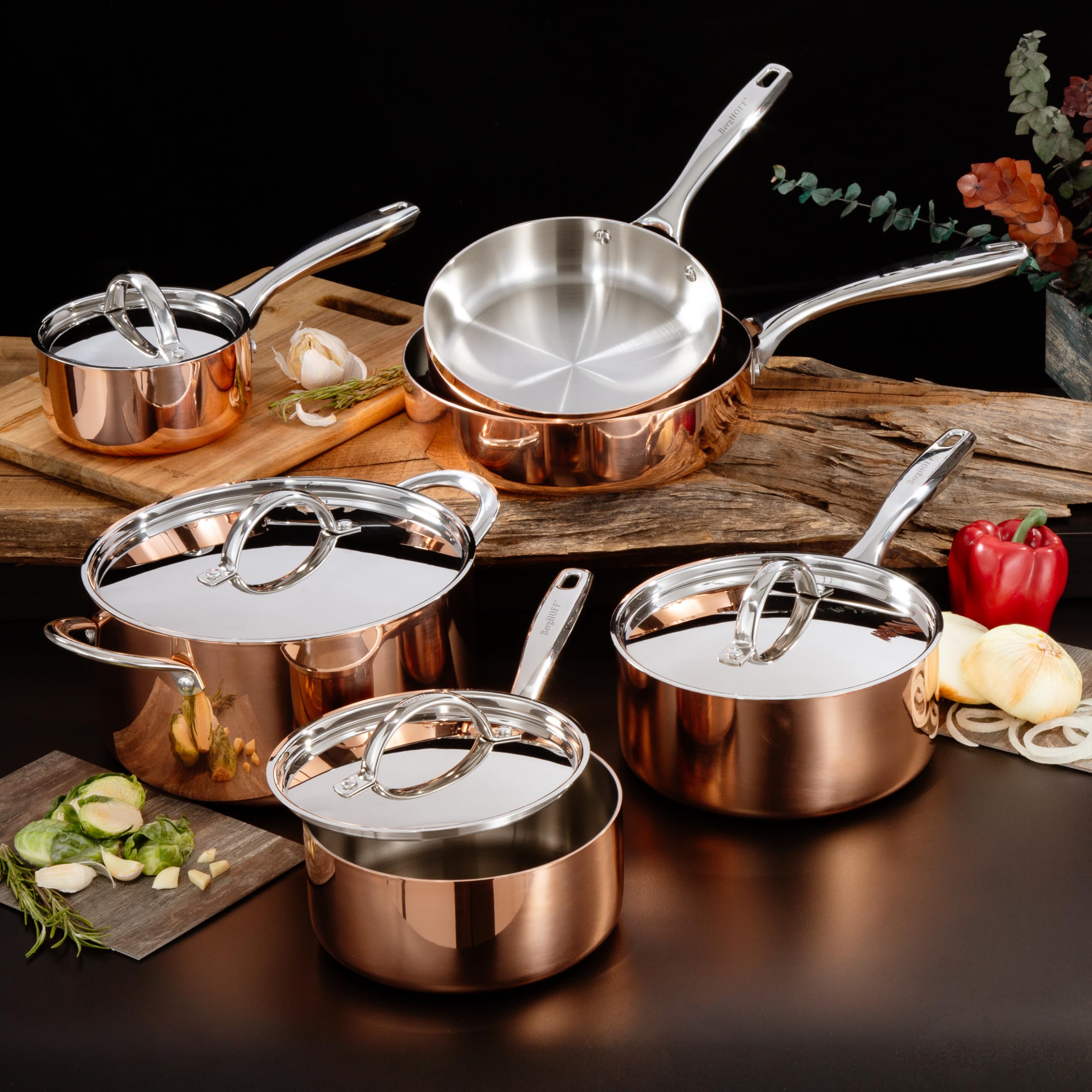 BergHOFF Vintage Tri-Ply Copper 8in Saucepan 3qt. With Matching Lid, Polished, Long Ergonomic Shaped Handle, 3-layer Base, Gold