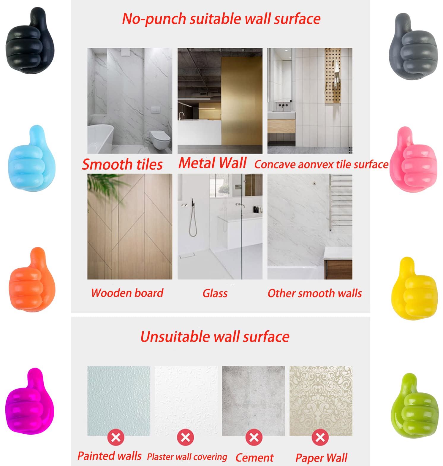 feliposi 24pcs Thumb Hooks - Thumbs up Wall Hook Self Adhesive Silicone Thumb Wall Hooks Adhesive Cable Clip for Storage Cable,Headphone,Plug