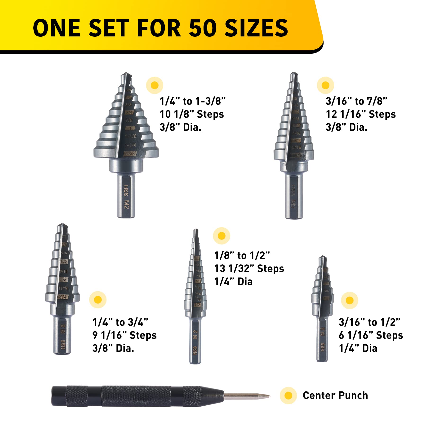 Anfrere 5PCS M2 Step Bits Set, 50 Sizes M2 HSS Step Drill Bits, 1/8"-1-3/8" Unibit Drill Bits Set for Sheet Steel Metal with Storage Case, Multiple Hole Stepped Up Bits Home Tools, 1016