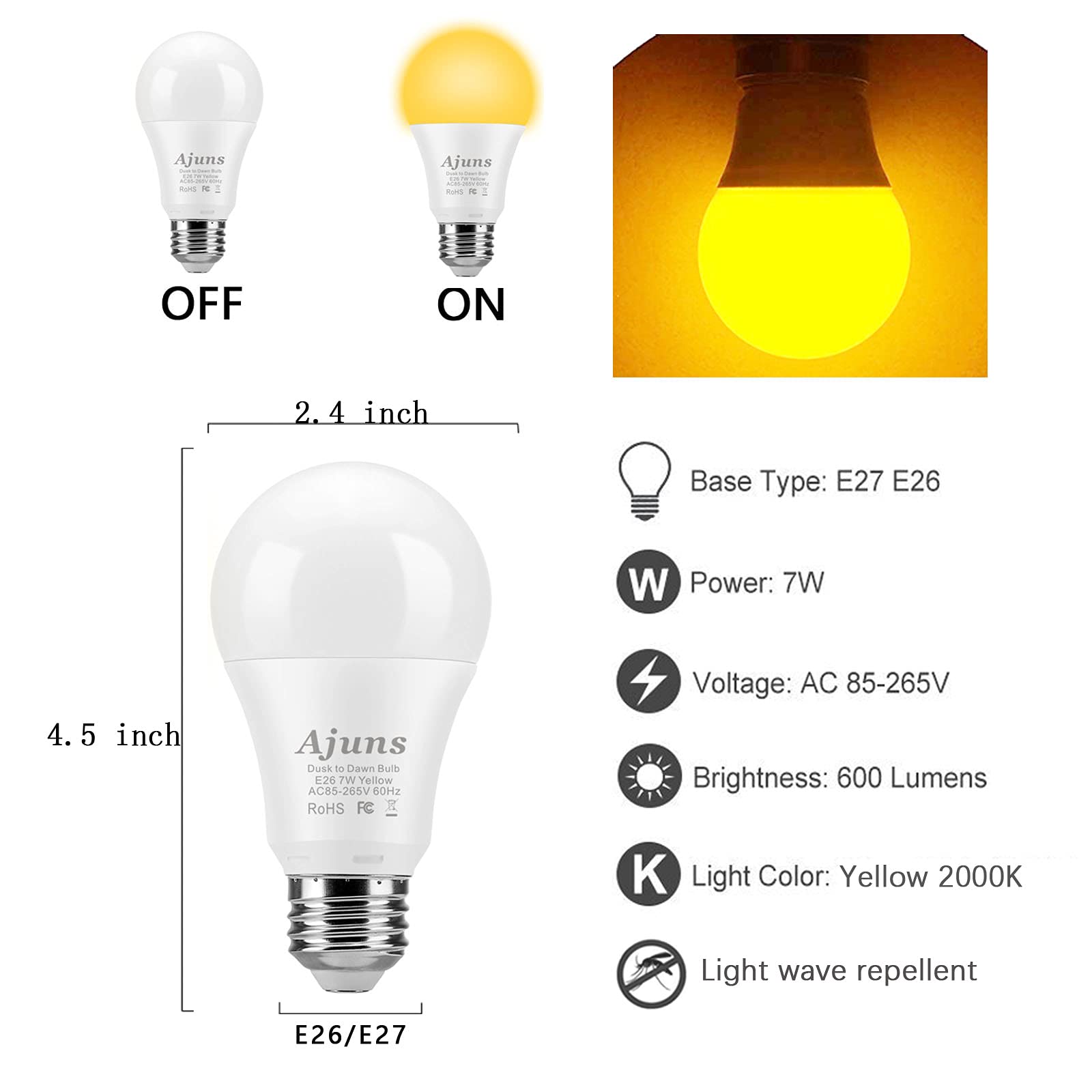 Ajuns Dusk to Dawn Bug Bulb Outdoor Sensor Yellow Bug Light Bulbs Automatic On/Off,for Terrace, Deck, Backyard, Porch, 7W Yellow Lights 2000K, 2 Packs