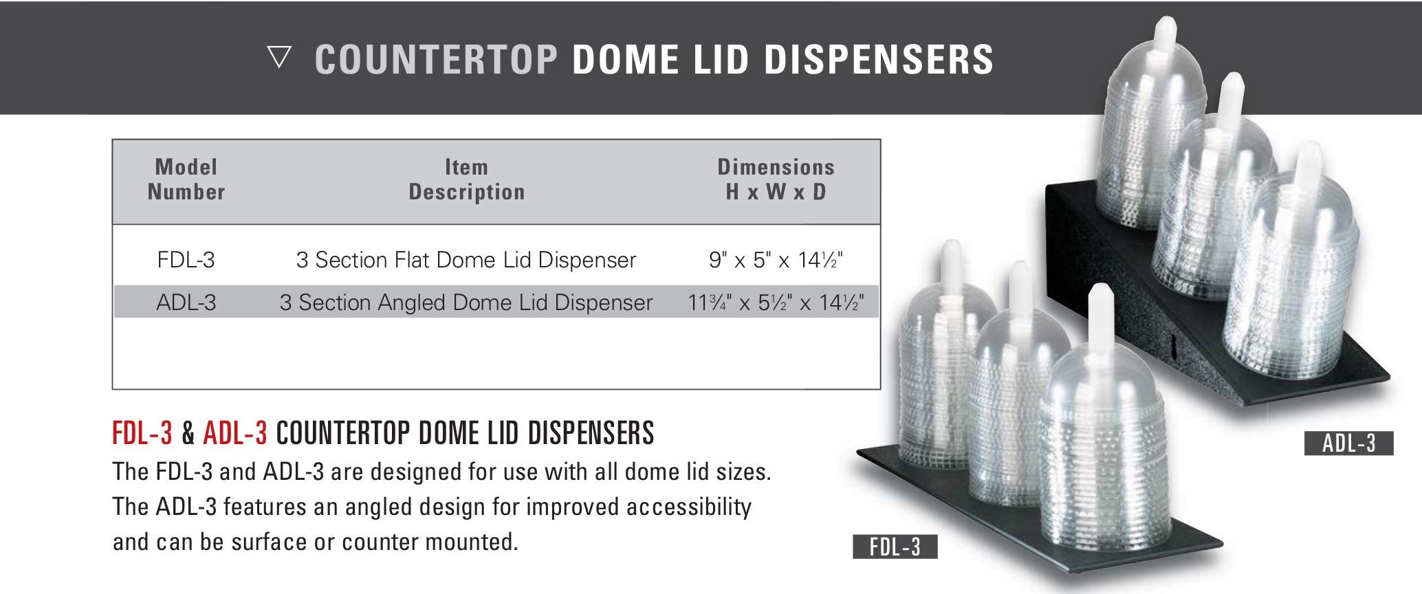 Dispense-Rite FDL-3 Thee Section Dome Lid Holder, Flat, 8 oz. to 44 oz. Dome Lids, Black Polystyrene, 9" H x 5" W x 14-1/2" D