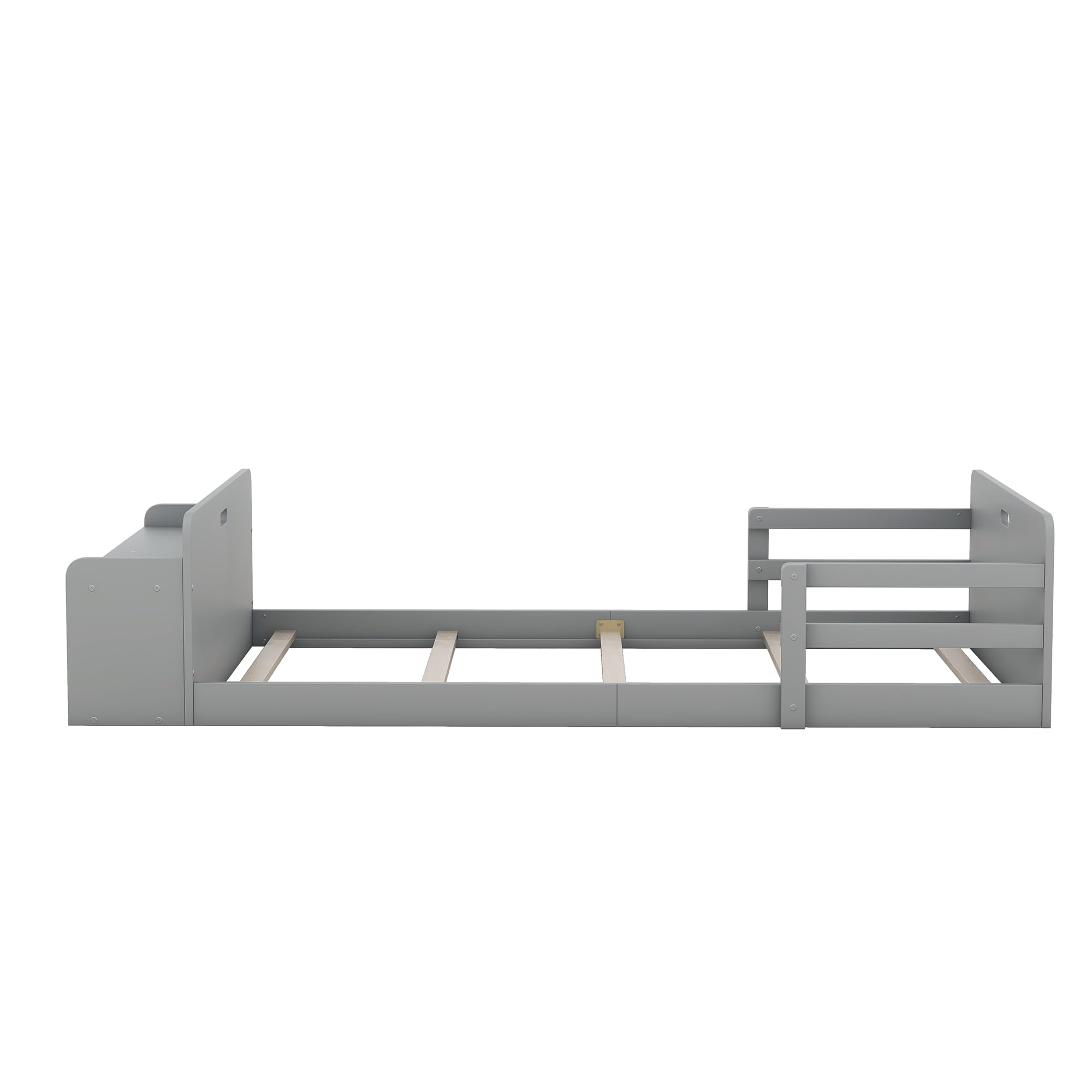 Twin Size Floor Bed with Rails and Storage Bench, Wood Kids Platform Bed Frame with Headboard and Footboard, No Box Spring Needed, Gray