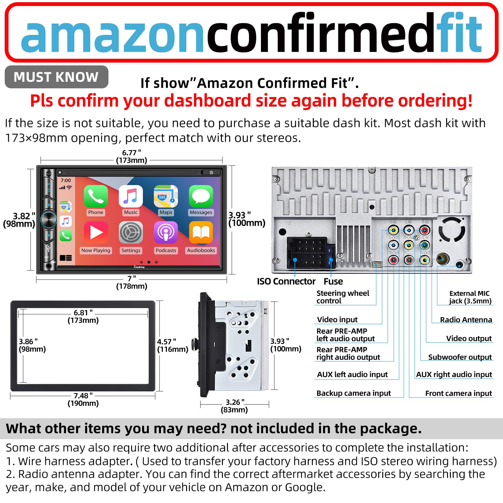 Double DIN CarPlay Multimedia Player, 7" HD Capacitive Touchscreen, Car Stereo with Backup Camera, Bluetooth, 16-Band EQ, Steering Wheel Controls, Mirror-Link, USB/SD Port, AM/FM Car Radio Receiver