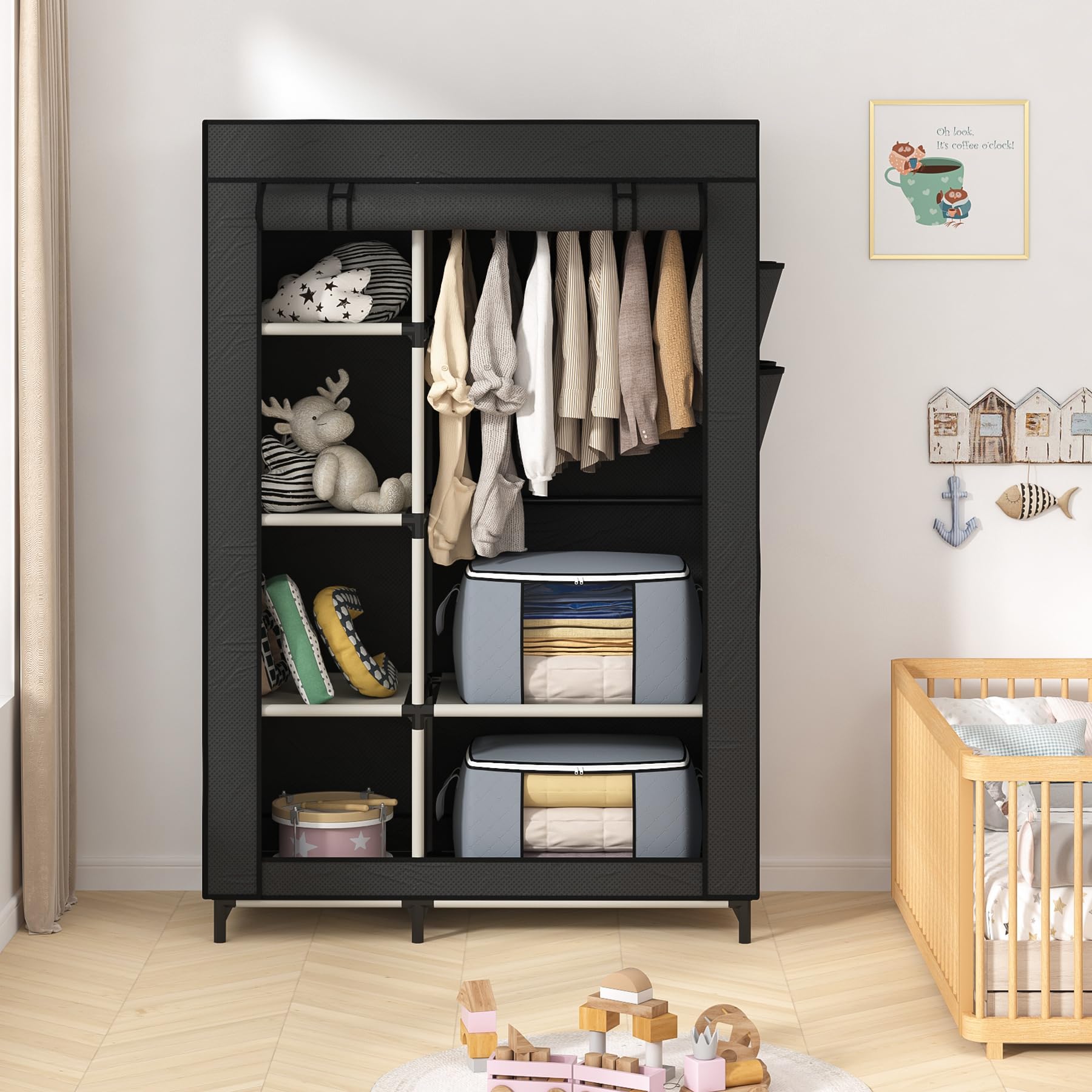 Calmootey Portable Closet, Wardrobe with 6 Shelves and Hanging Rod, Storage Organizer for Bedroom, Non-Woven Fabric Cover with 4 Side Pockets, Includes 2 Storage Bags for Clothes, Black