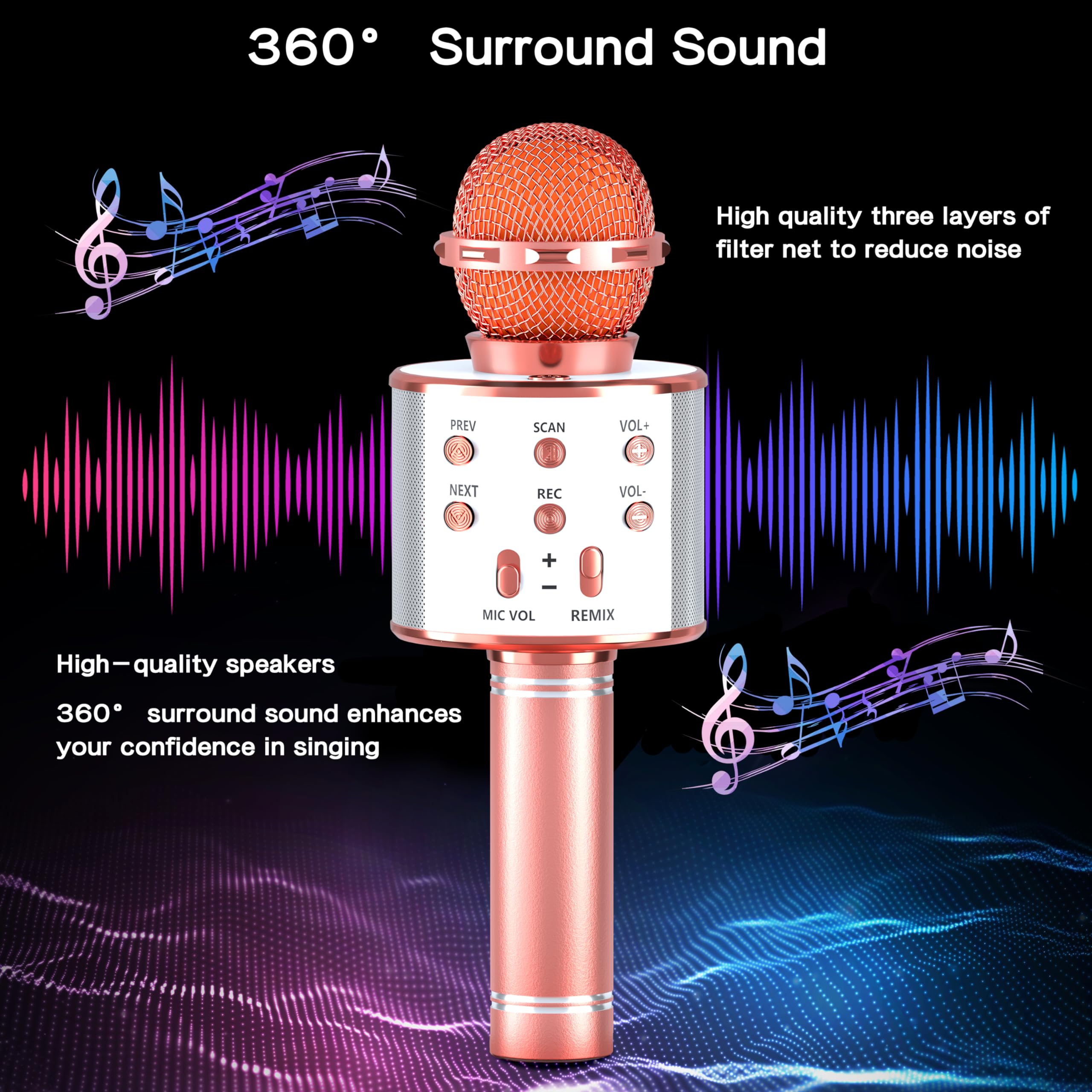 IJO Handheld Bluetooth Karaoke Microphone-Birthday Fun Singing Toys for Kids Age 3 4 5 6 7 8 9 10 Years Old Girls and Boys(Rose Gold)