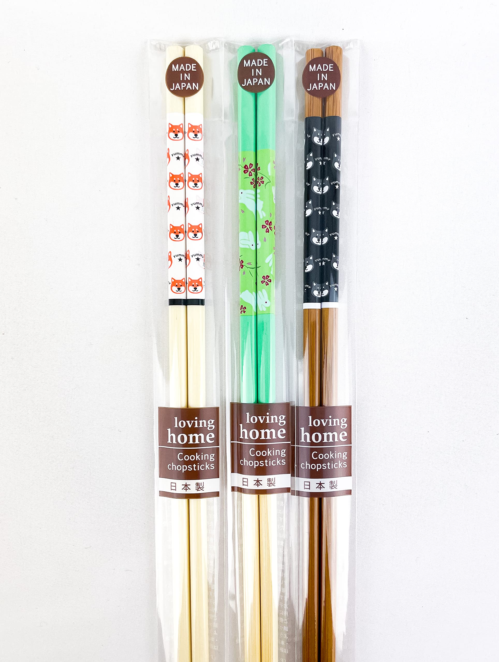 Set of 3 Assorted Cooking Chopsticks, Made in Japan, Natural Bamboo Saibashi, 13inches, Cute Shiba Inu Pattern, Traditional Japanese pattern, Simple Modern Pattern, Colorful Pattern