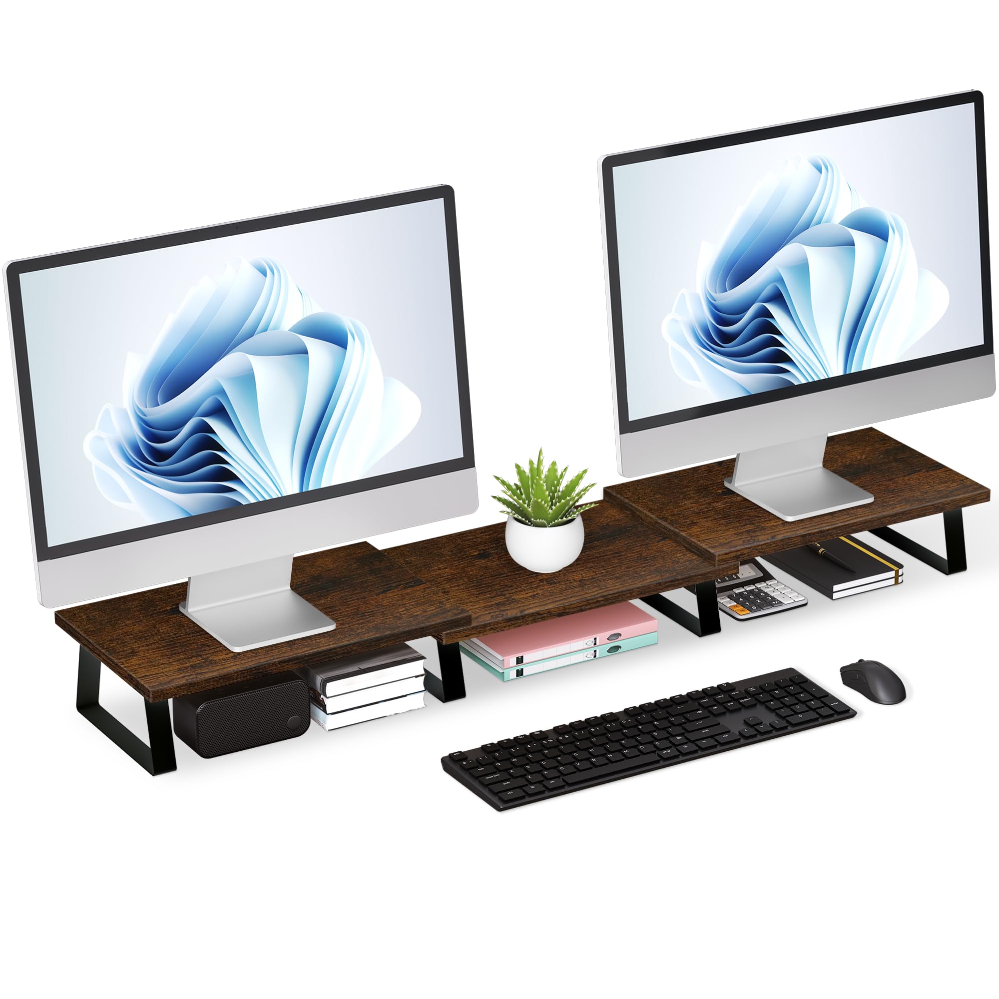 Aothia Large Dual Monitor Stand - Computer Monitor Stand, Desk Shelf for Monitor,Wood Monitor Stand with Adjustable Length and Angle,Desktop Organizer,Large Monitor Stand for Pc,Laptop(Vintage)