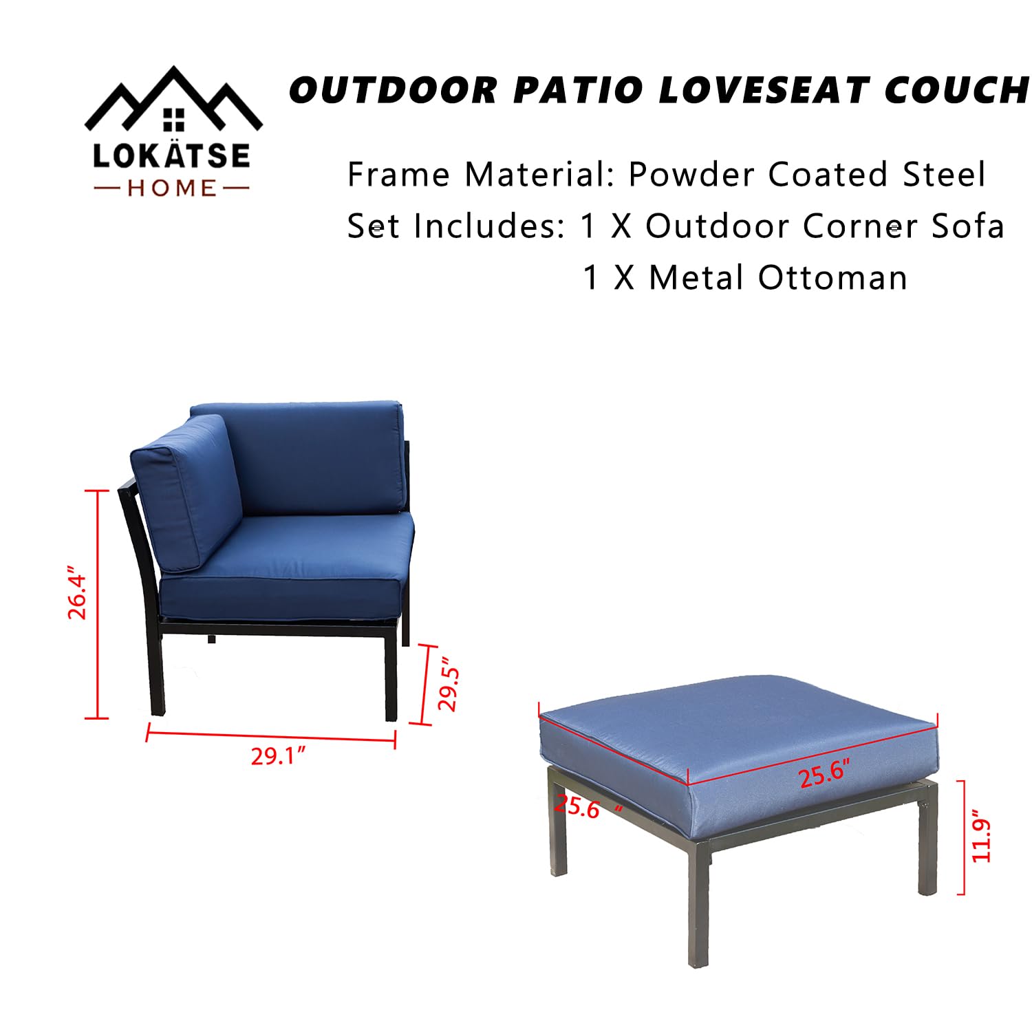 LOKATSE HOME 2 Piece Outdoor Patio Furniture Loveseat Couch with Corner Sofa and Metal Steel Frame Ottoman, Blue