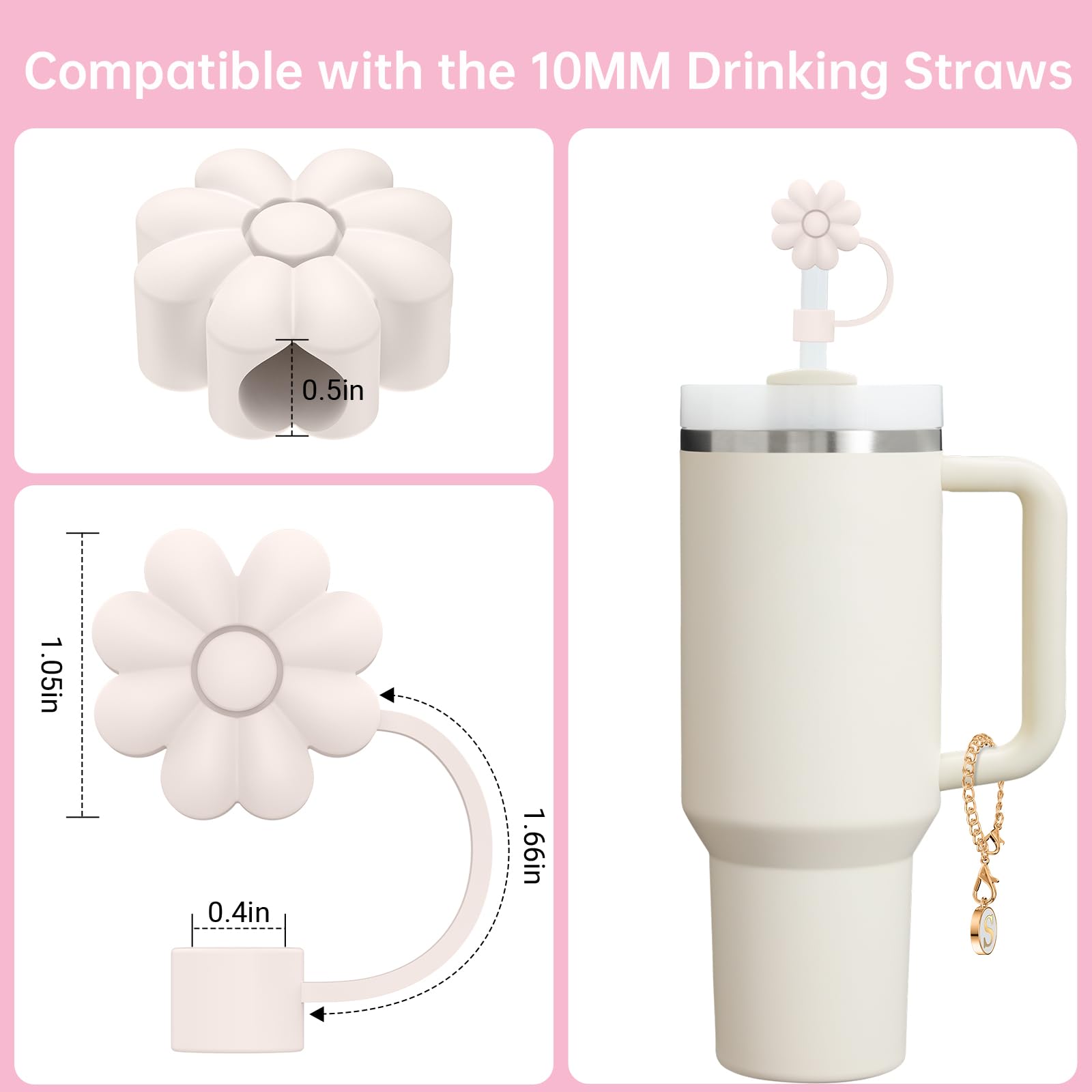 ANGSTUEM 4PCS Straw Cover for Stanley Cup 30& 40 Oz Tumblers,9-10mm Soft Silicone Straw Toppers for Stanley Cup Accessories, 2PCS Initial Letter Stanley Charms for Handle,Dust-proof Straw Covers