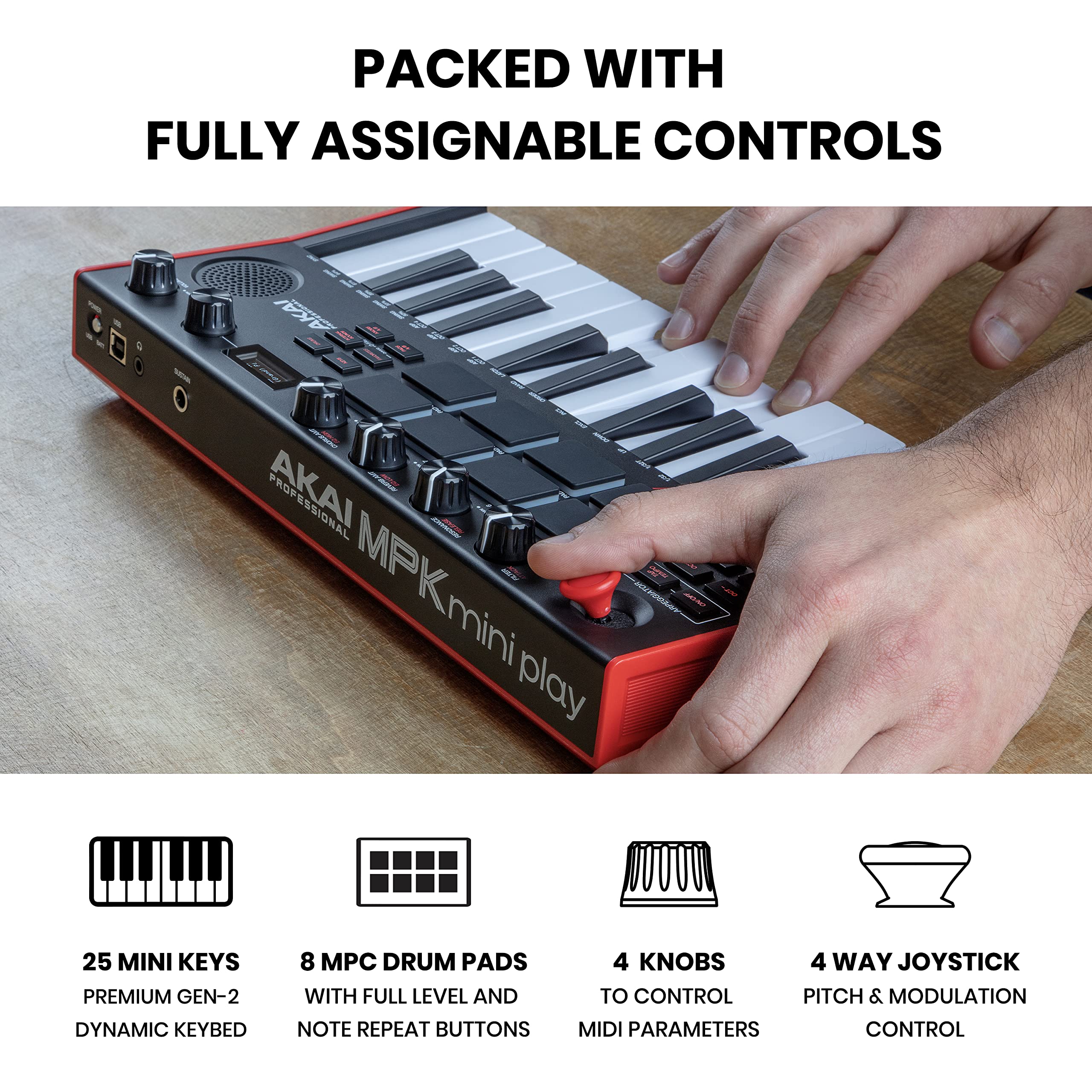 AKAI Professional MPK Mini Play MK3 - MIDI Keyboard Controller with Built in Speaker and Sounds Plus Dynamic Keybed, MPC Pads and Software Suite