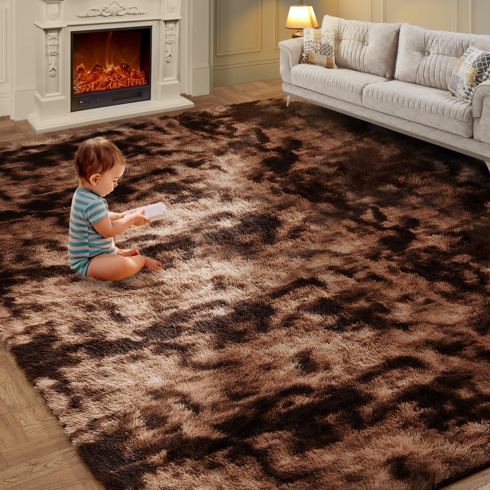8x10 Feet Shag Area Rugs, Large Shag Fluffy Bedroom Carpet, Soft Rugs for Nursery, Furry Rugs for Girls Boys Kids Room, Extra Large Fuzzy Rug, Shag Carpet, Brown Tie-Dye