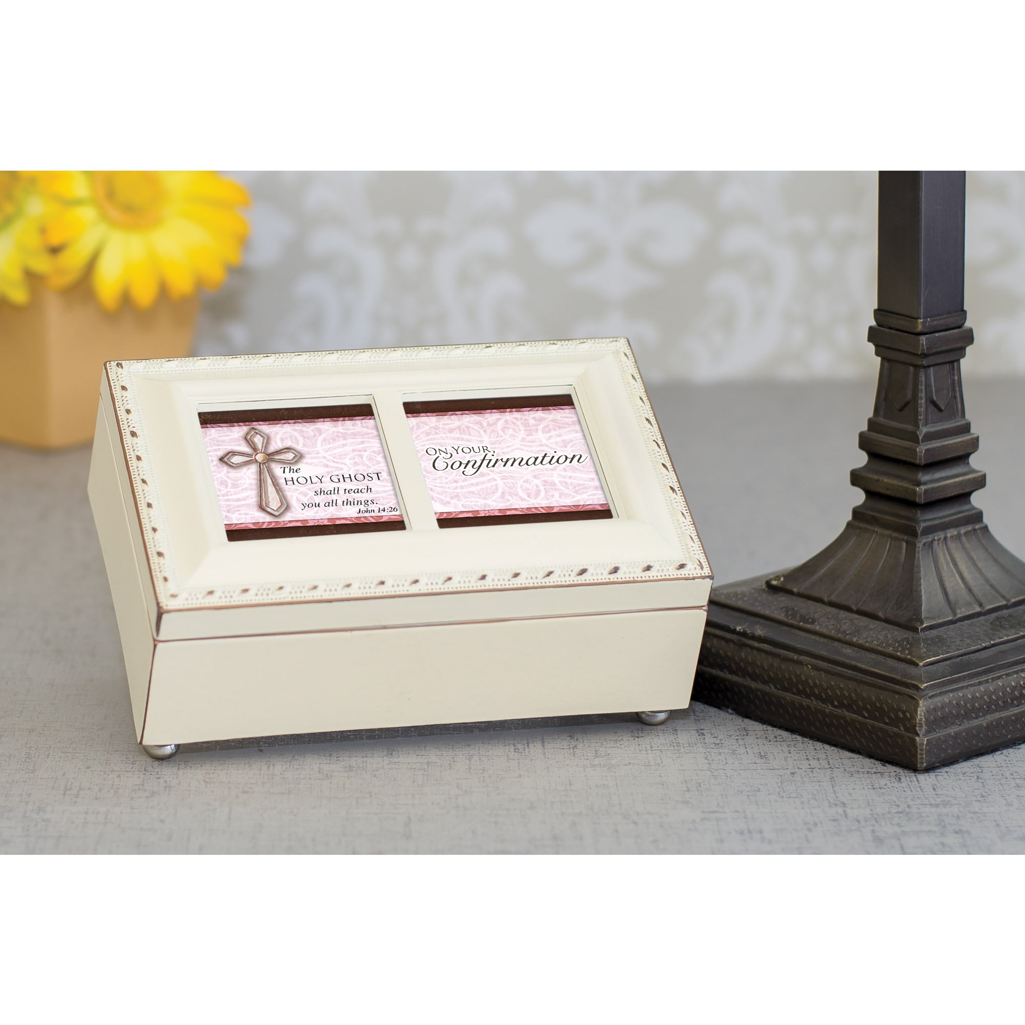Cottage Garden Confirmation Holy Ghost Shall Teach Matte Ivory Rope Trim Petite Music Box Plays Ave Maria