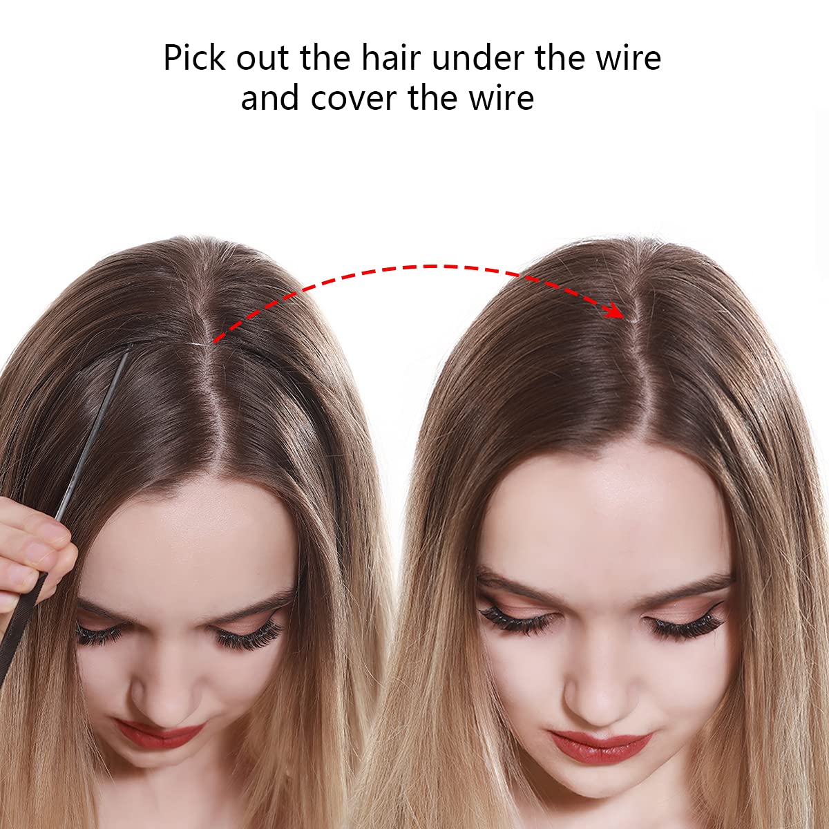 SARLA Invisible Wire Hair Extensions with 3 Clips Long Synthetic Wavy Curly Hairpiece Adjustable Transparent Headband for Women 18 Inch Black Brown