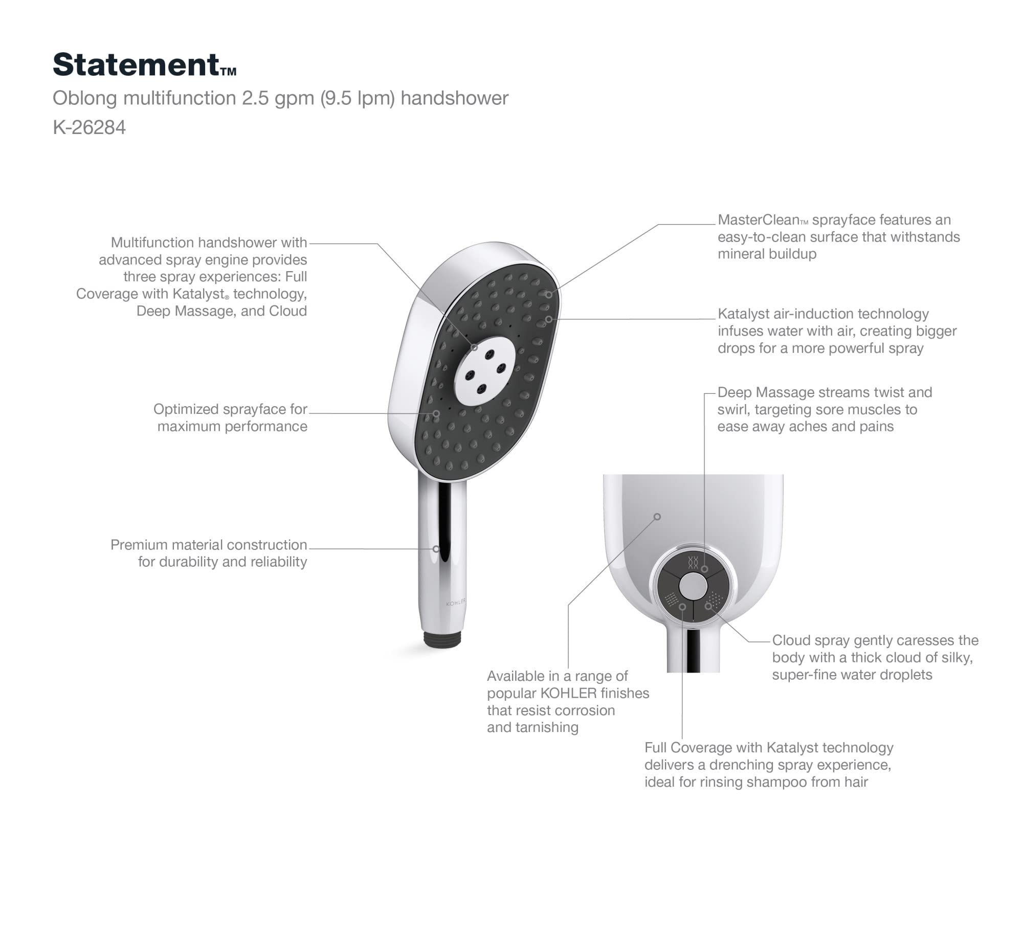 KOHLER 26284-CP Statement Oblong MULTIFUNCTION HAND SHOWER, Maximum Spray Performance with Three Spray Experiences, Polished Chrome, 2.5 GPM