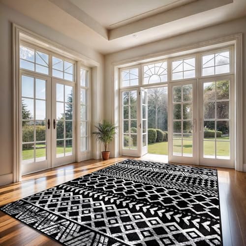 CAMILSON Boho Moroccan Black and White Rug Geometric Diamond 8x10 Area Rugs for Living Room Bedroom Kitchen Modern Bohemian Soft Stain Resistant Non-Shedding Indoor Carpet (8 x 10 Black - White)