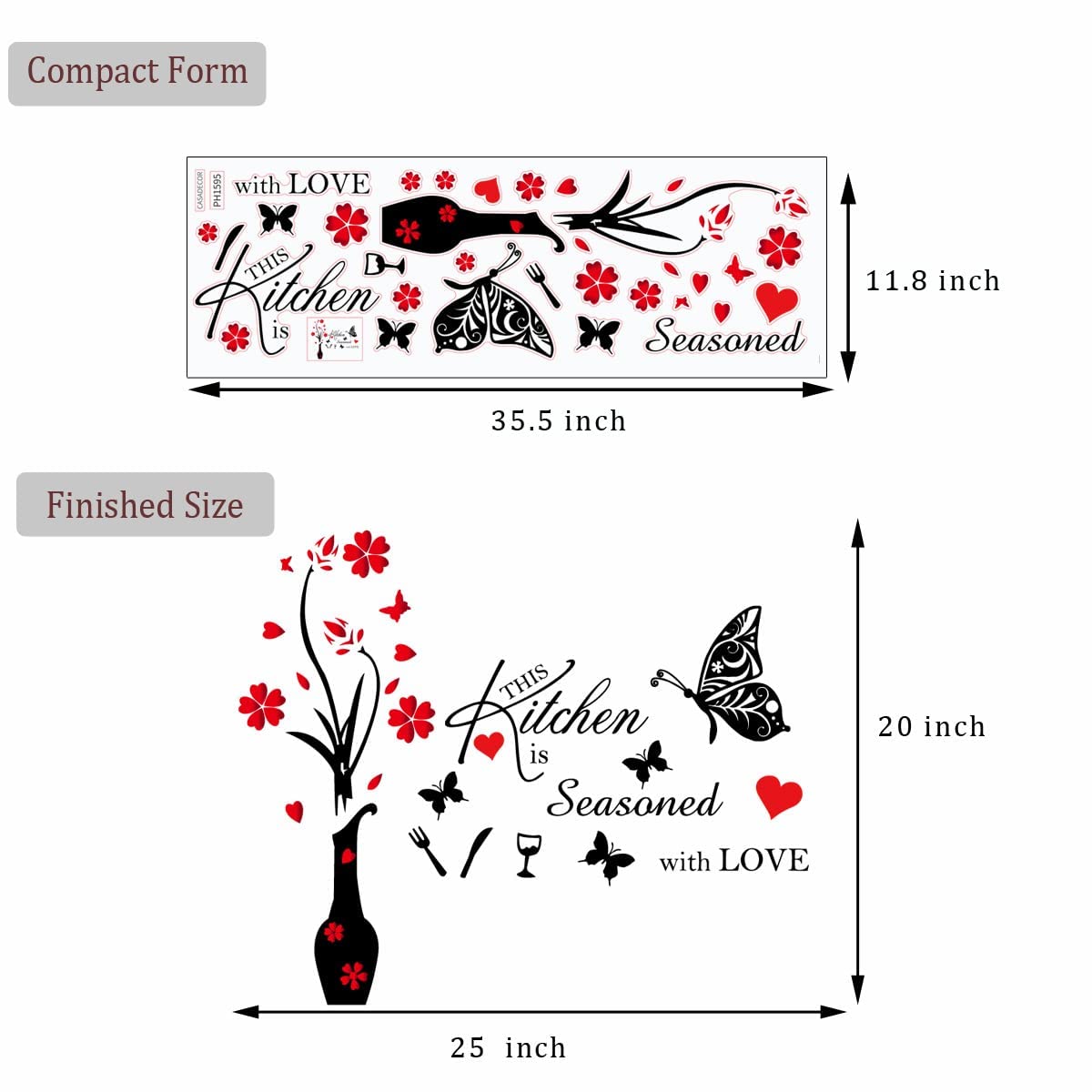 Kitchen Wall Decor Stickers Kitchen Quotes this Kitchen is Seasoned with Love Red Heart Butterfly Wall Sticker Removable Wall Decals Vase Wall Art Sticker for Dinning Room Kitchen Restaurants Home