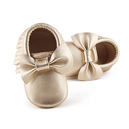 OOSAKU Infant Tolddler Baby Soft Sole PU Leathe Bowknots Shoes (6-12 Months, Gold)