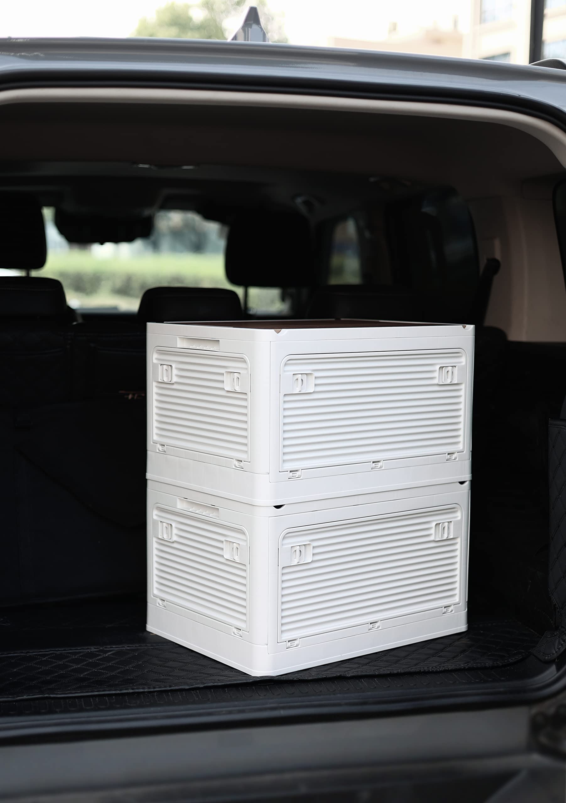 The foldable outdoor camping storage box has a large capacity of 48L, the foldable storage box equipped with a wooden cover and rollers can be used for indoor,car trunk and camping.