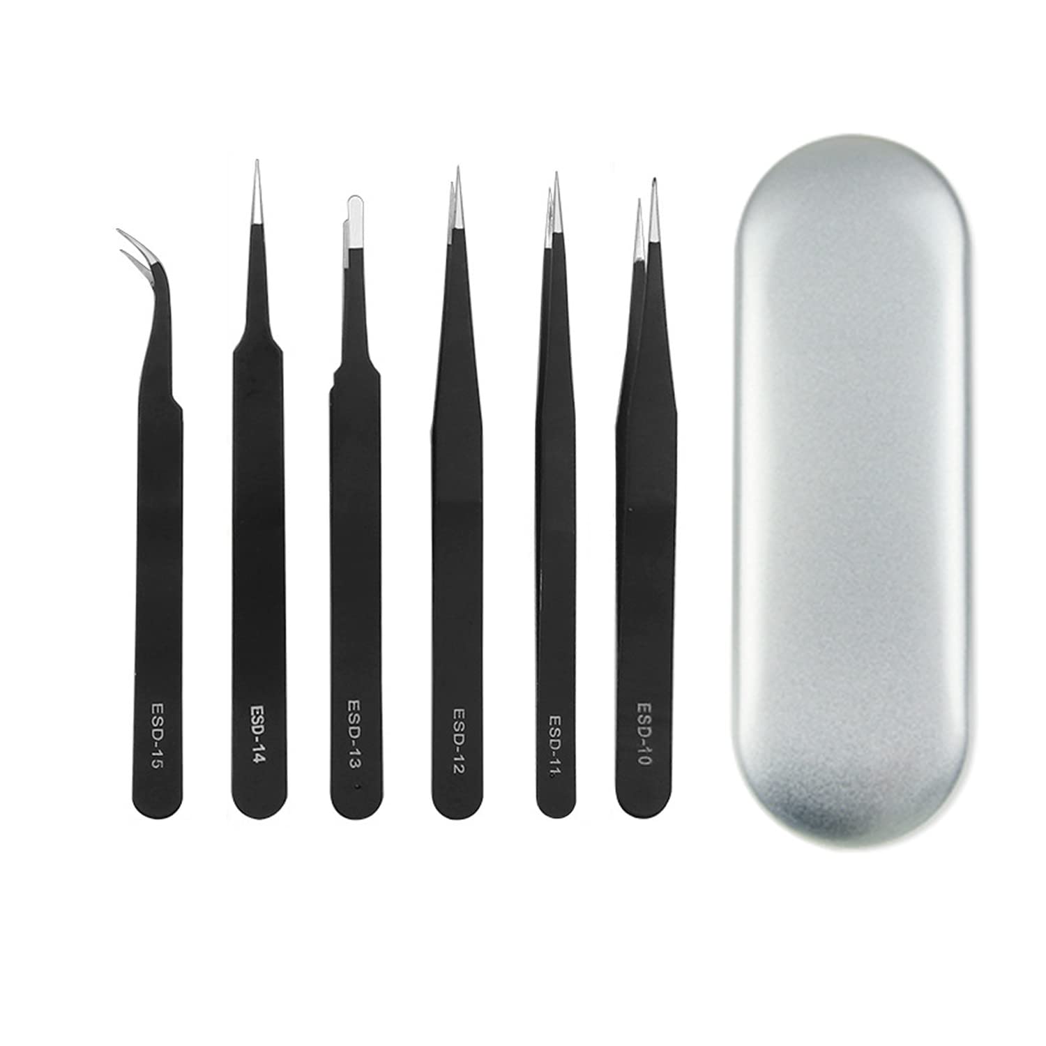 Miluosong Tweezer Set, 6 Pcs Precision Tweezers for Electronics,Laboratory Work,Craft,Eyebrows,Basic suite for home and office with box.