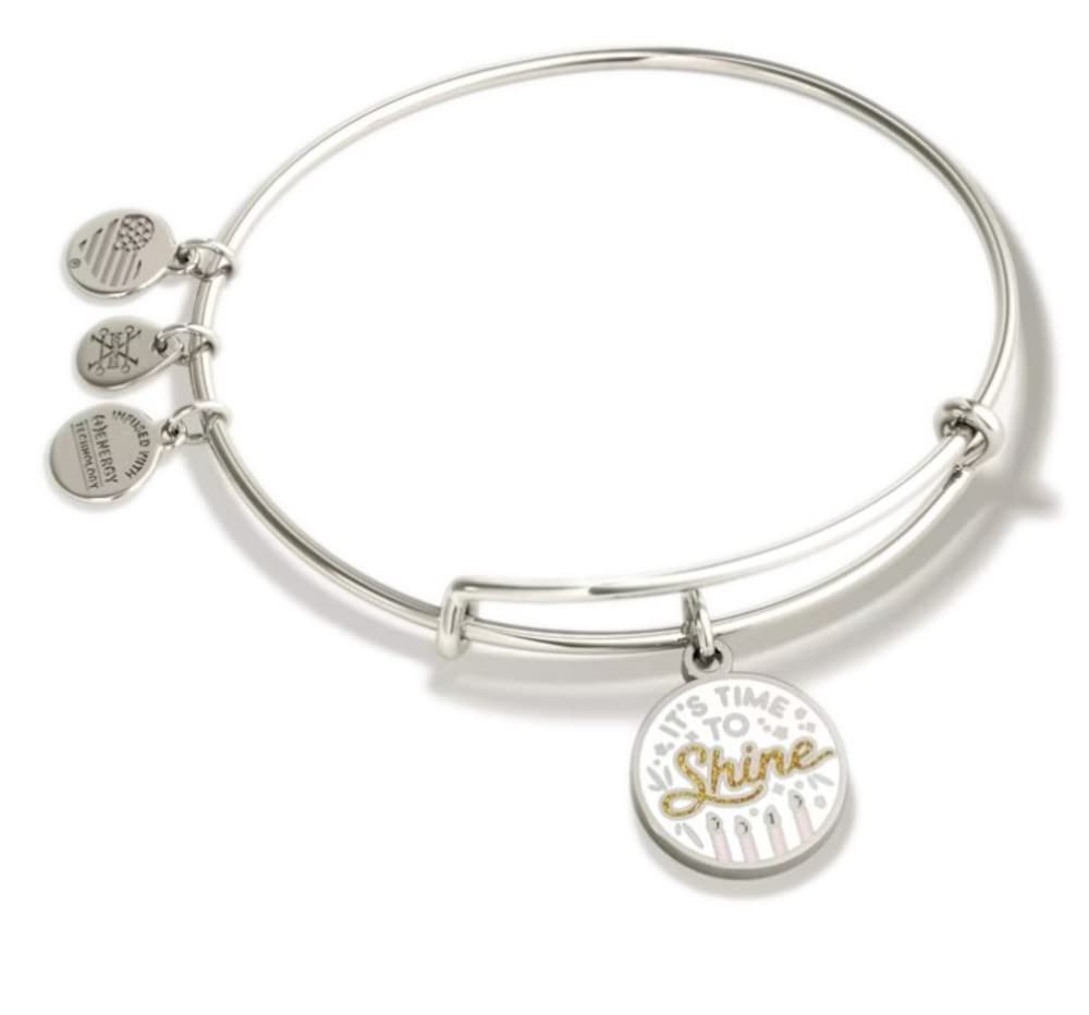 Alex and Ani Celebrations Expandable Bangle for Women, It’s Time to Shine Birthday Charm, Shiny Silver Finish, 2 to 3.5 in
