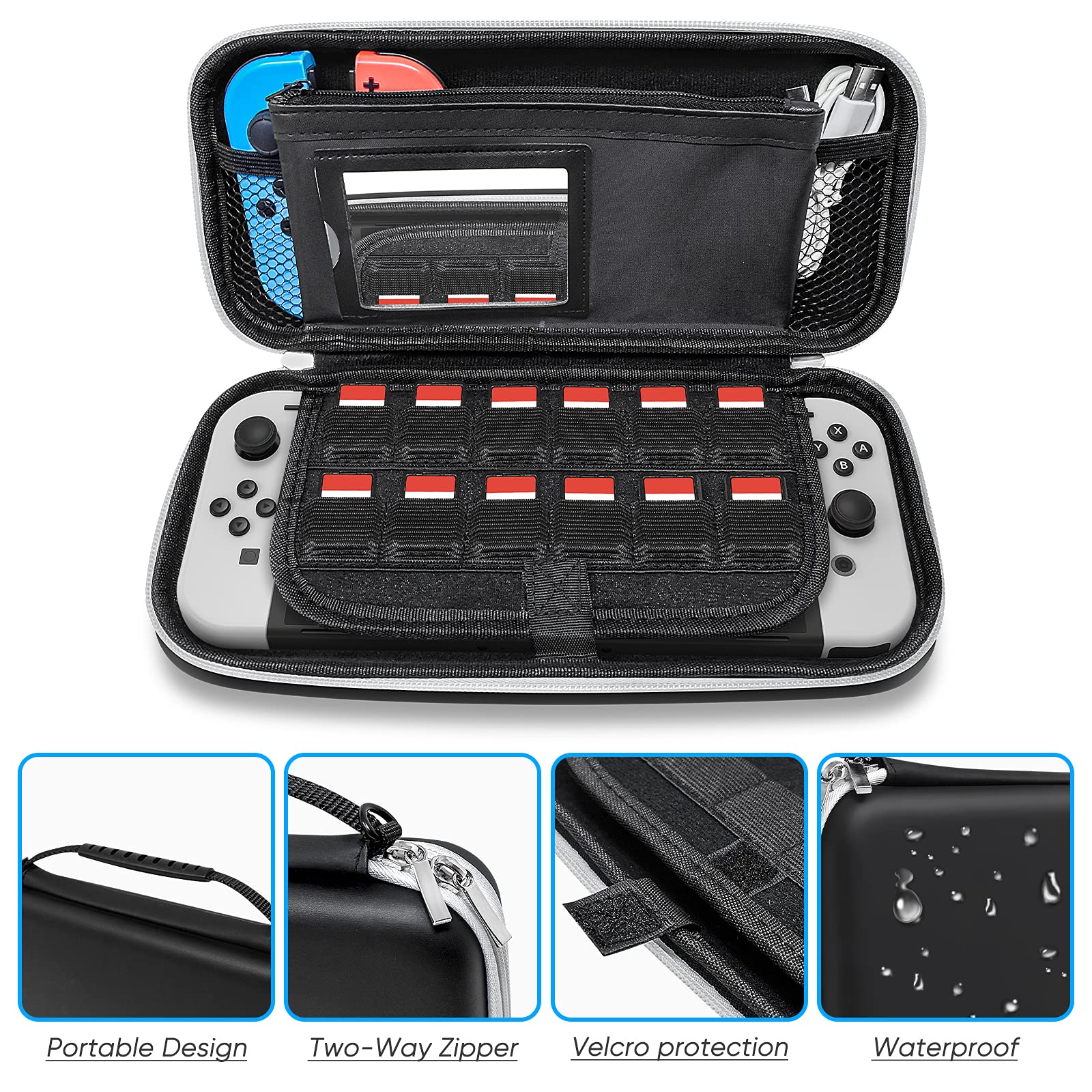 Accessories Bundle Compatible with Nintendo Switch OLED Model, Switch Accessories Kit Includes Carrying Case, 3 in 1 Protective Case Cover, 2pcs Screen Protector, Adjustable PlayStand, Thump Grip Caps