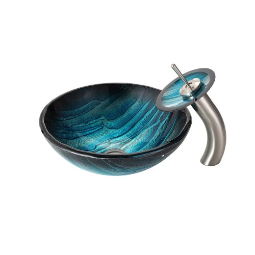 AUS Nature Series™ Blue Glass Bathroom Vessel Sink and Waterfall Faucet Combo Set with Matching Disk and Pop-Up Drain, Satin Nickel Finish