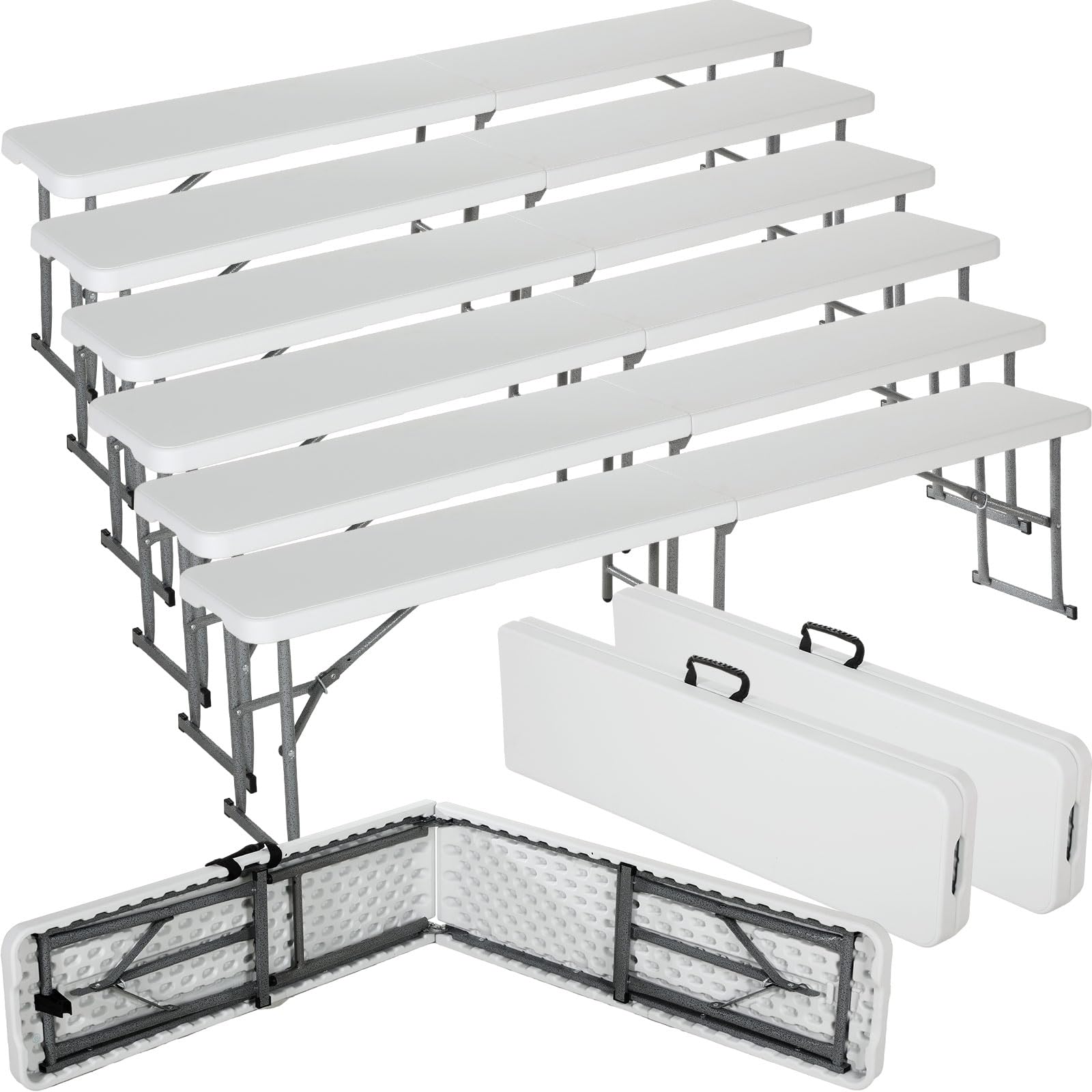 Soaoo 6 Pack 6ft Plastic Folding Bench Portable Outdoor Bench White Foldable Bench Seating with Carrying Handle for Indoor Outdoor Backyard Camping Picnic Dining Party