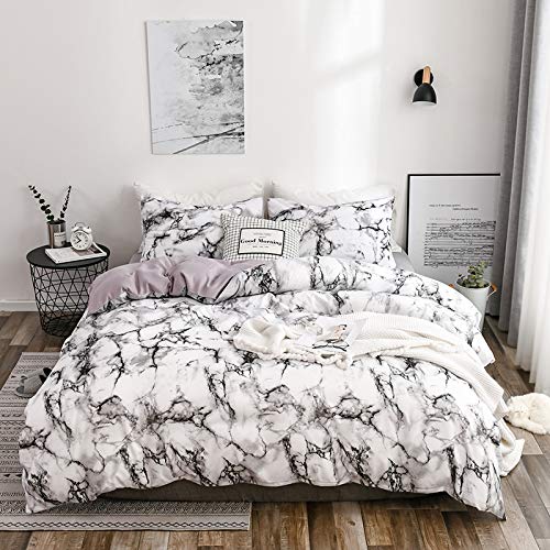 Jolusere White Marble Duvet Cover Set Queen Size White Gray Reversible Bedding Set Boho Aesthetic Farmhouse Bedding Ultra Soft Lightweight Breathable Microfiber Bed with Zipper Closure for All Seasons