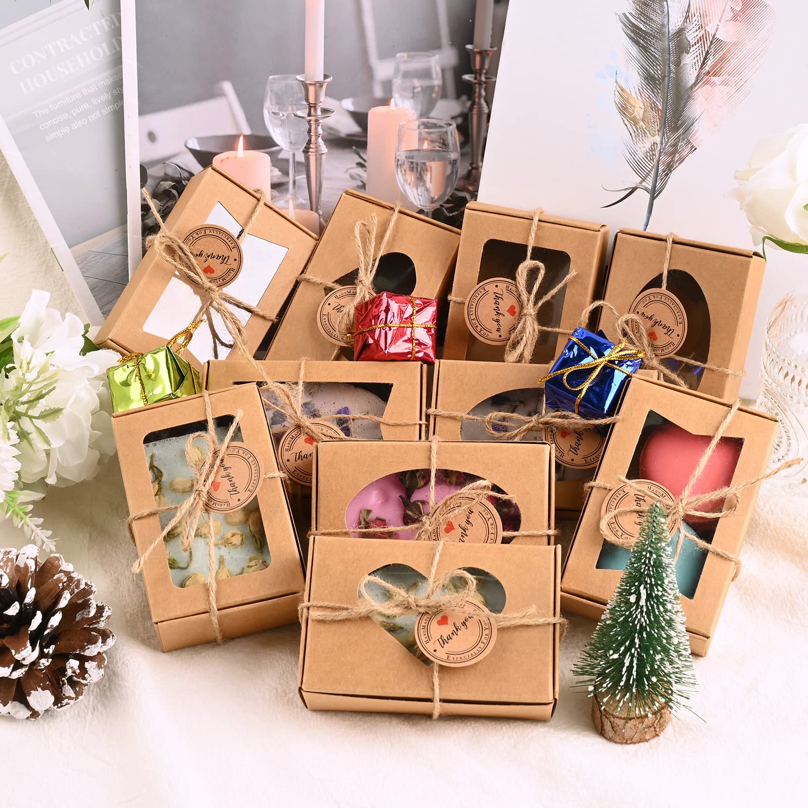 Moukiween 32 PCS Kraft Soap Boxes for Homemade Soap, 3.54 X 2.36 X 1.18 Inch Soap Packaging Gift Boxes with Window, Small Rectangular Soap Wrapping Boxes (Brown)