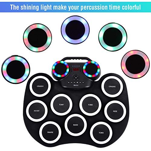 9 Pads Electronic Drum Set Roll up LED Lights Pratice Drum,Bluetooth,MIDI,Built-in Speaker,Long Hours Playtime Portable Drum,Birthday Festival Gift for Kids and Beginners