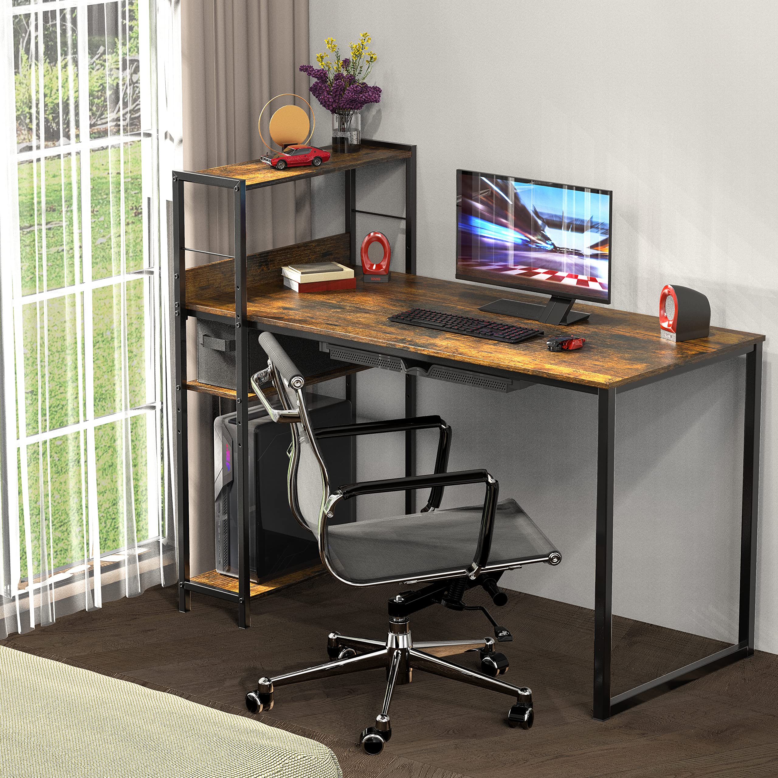 SHW 46-Inch Computer Desk with Adjustable Side Shelf and Drawer, 24" Deep, Rustic Brown