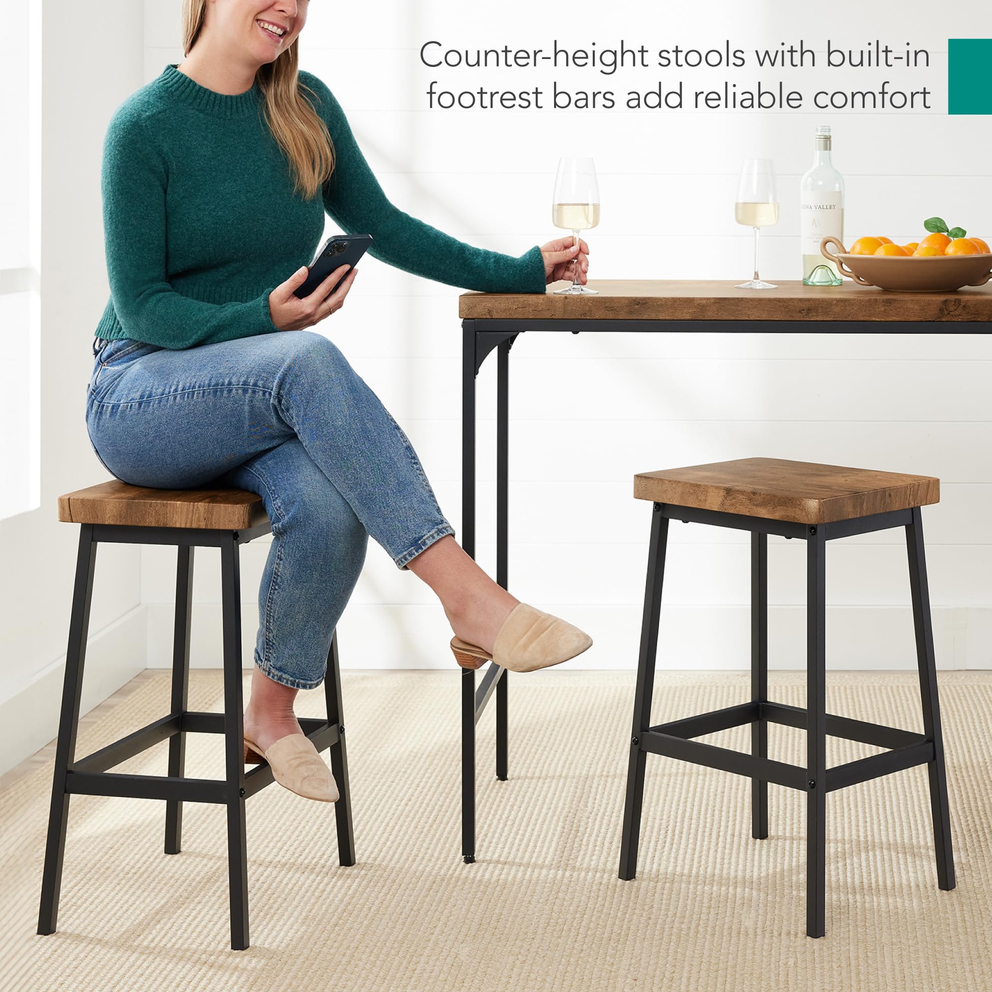 Best Choice Products 3-Piece Counter Height Dining Set, Desk, Bar, Kitchen Island Table w/ 2 Stools, Wine Rack & Storage Shelves - Brown