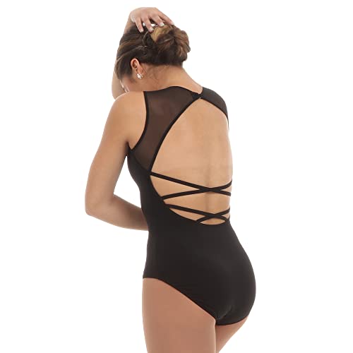 Alexandra Collection V-Neck Mesh Panel Criss Cross Back Leotard for Women (Large, Black)