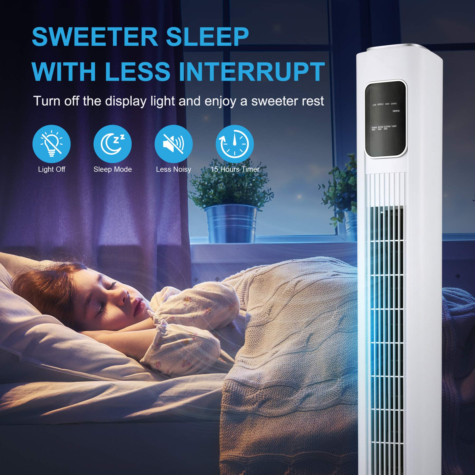 FREE VILLAGE 47'' Bladeless Tower Fan - 47 Inch Portable Tower Fan with Remote, 15 Hours Timer, 70¡ã oscillation, LCD Display, Compact Size, 3 Modes and 3 Speed Settings, Safe for Kids and Pets, White