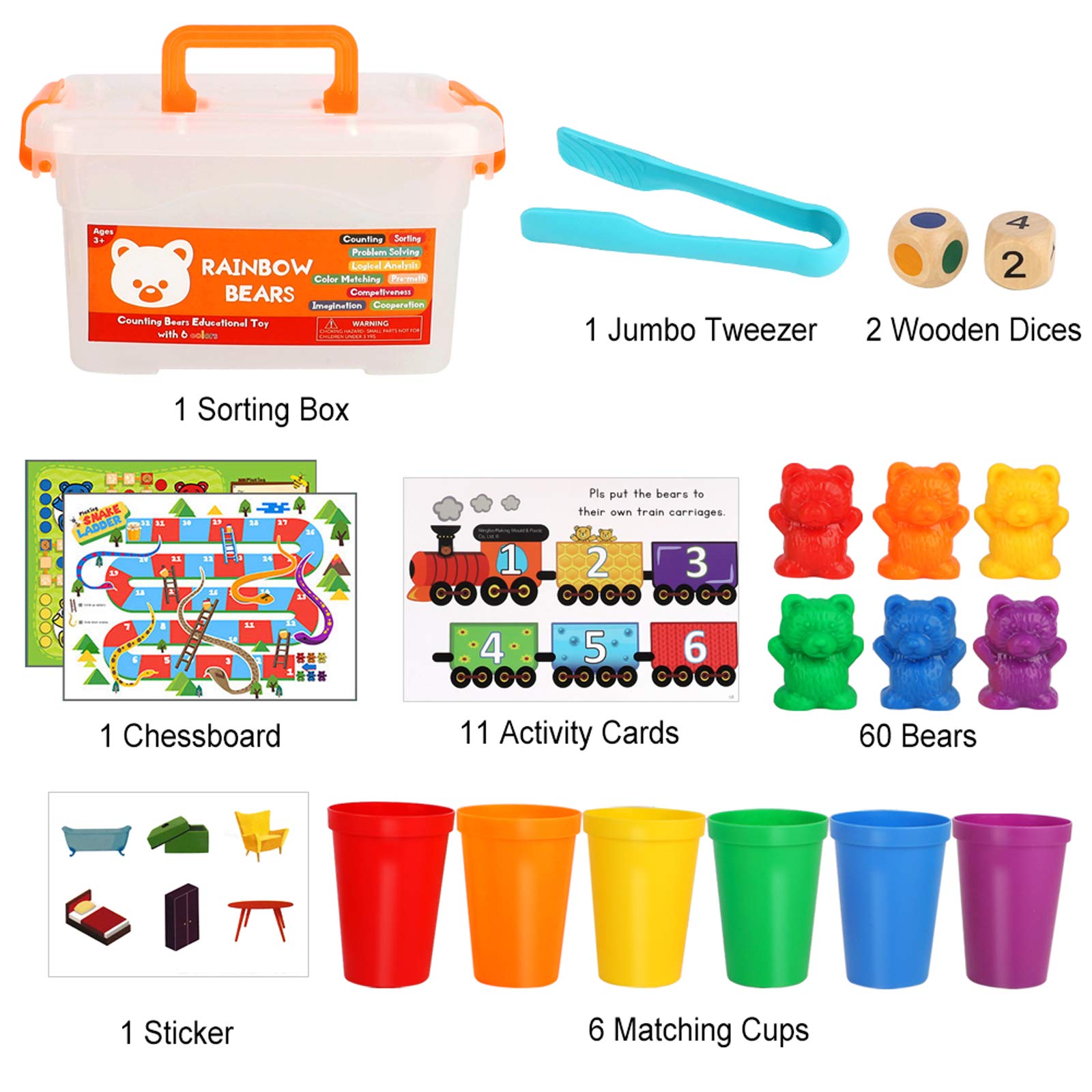 Counting Bears with Matching Sorting Cups,Rainbow Bear Counters with Activity Cards and Storage Box,Montessori Educational Counting and Sorting Toys,Fun Math Manipulative for Preschool Learning
