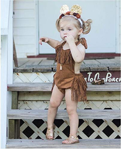Infant Baby Girl Fringe Faux Suede Romper - Western Style Halter Sunsuit, Adjustable Straps (Brown, 6-12 Months)
