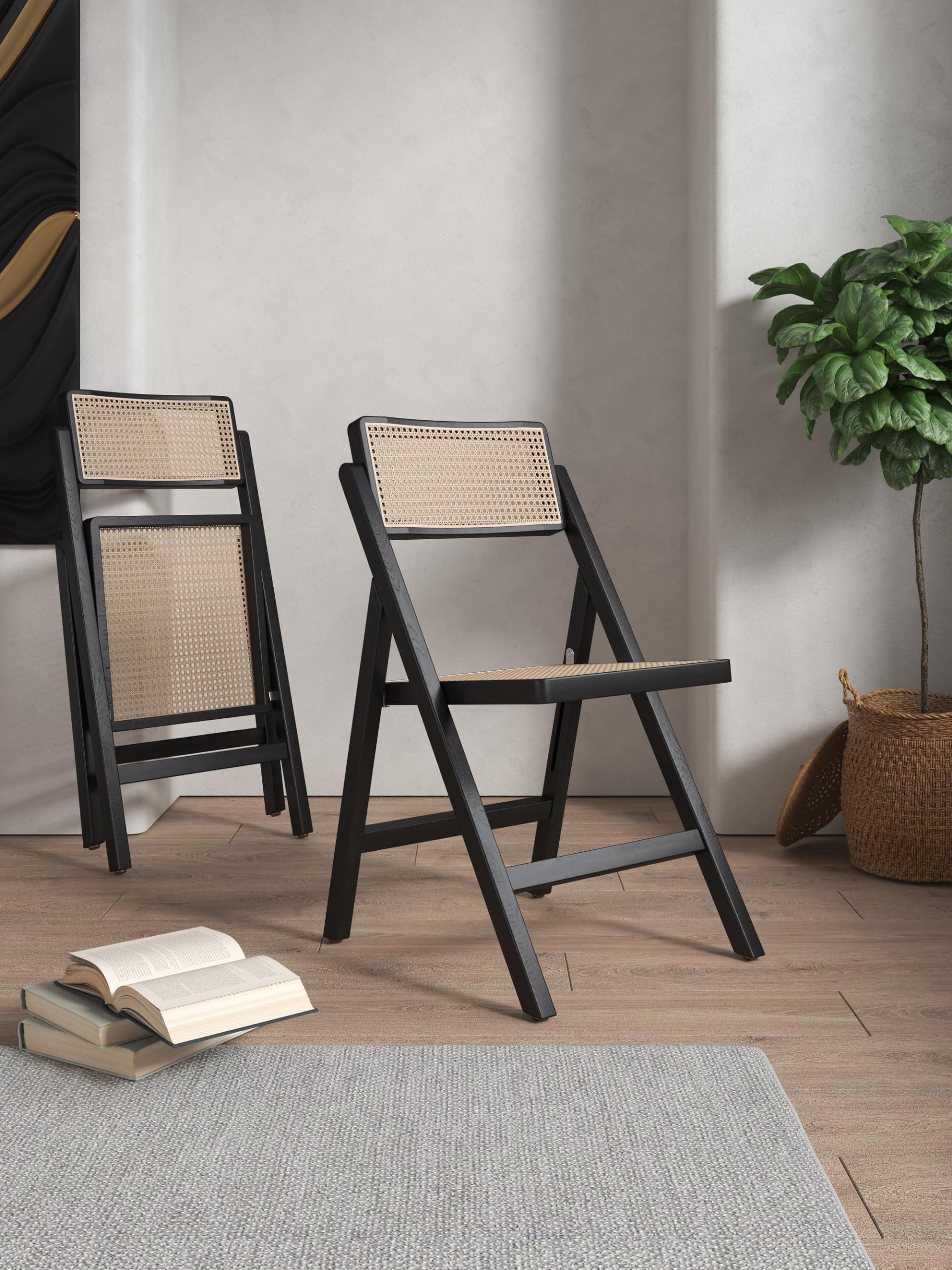 Manhattan Comfort Pullman Folding Rattan Wicker Cane Side Outdoor Dining Chair for Dining Room, Patio, Restaurant, Bistro, Cafe and Pub, Set of 4, Black/Natural