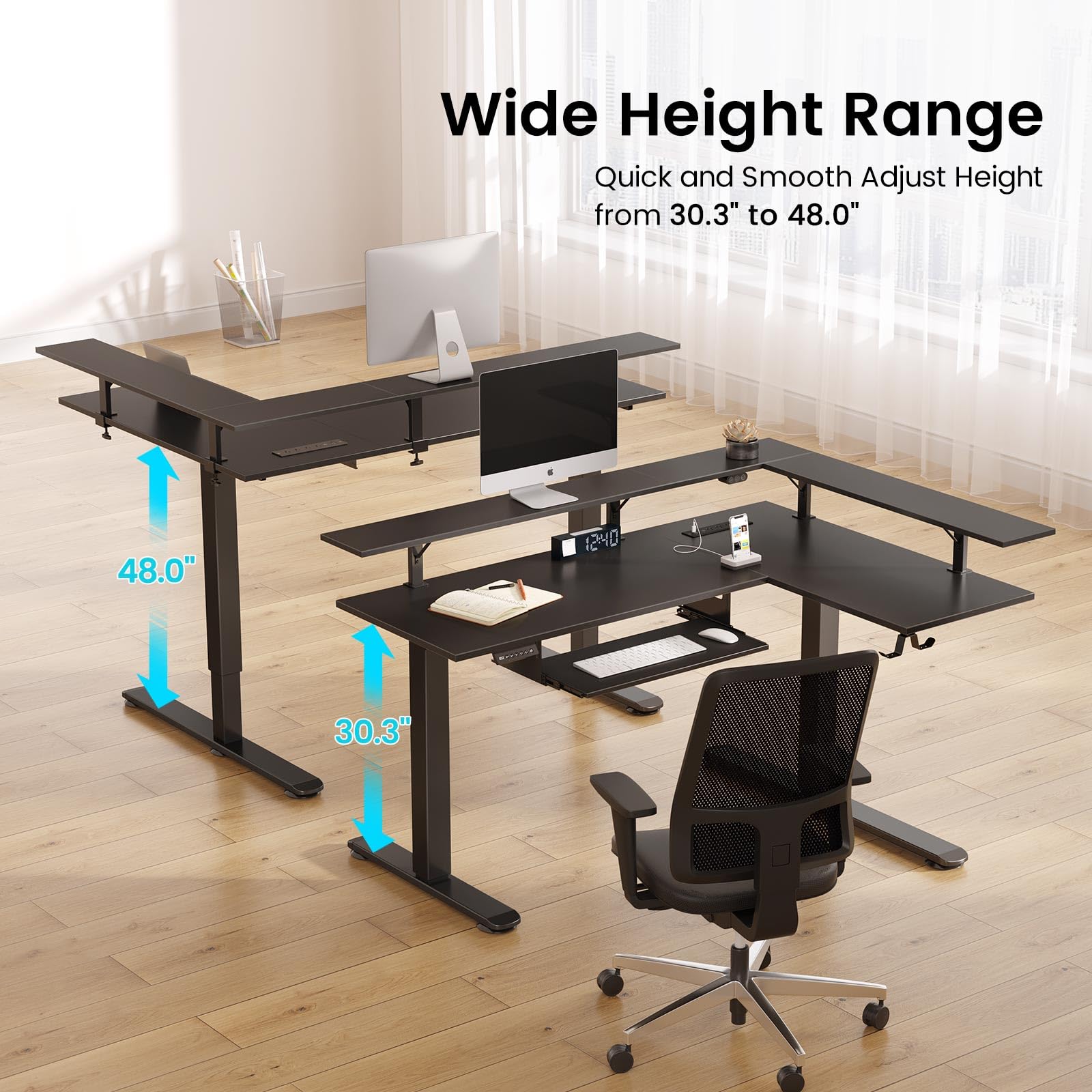Rolanstar L Shaped Standing Desk with LED Light and Power Outlet, Dual Motor Height Adjustable Electric Standing Desk with Monitor Stand & Keyboard Tray, 61.2" Sit Stand Desk Black