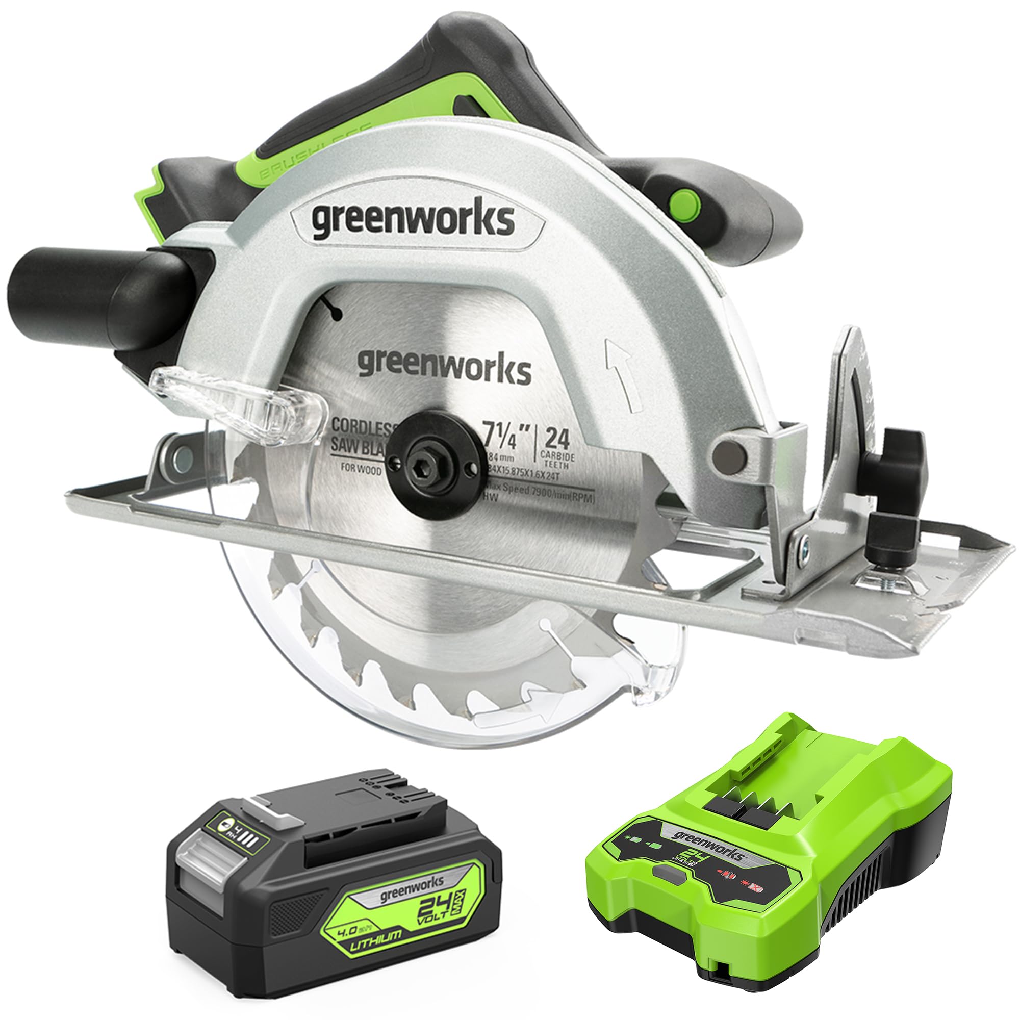 Greenworks 24V Brushless 7-1/4-inch Circular Saw,4,500 RPM,0-45 Degree Bevel Capability,with Charger and 24V 4Ah USB Battery