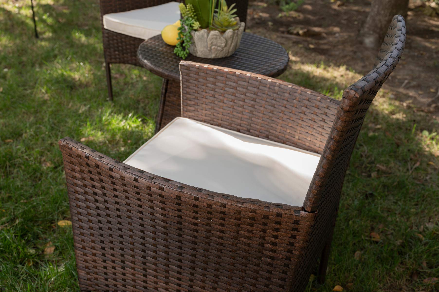 Barton 3 Pieces Bistro Chair Set w/Glass Table Beige Outdoor Patio Furniture Wicker Rattan Modern Conversation Chat Seating