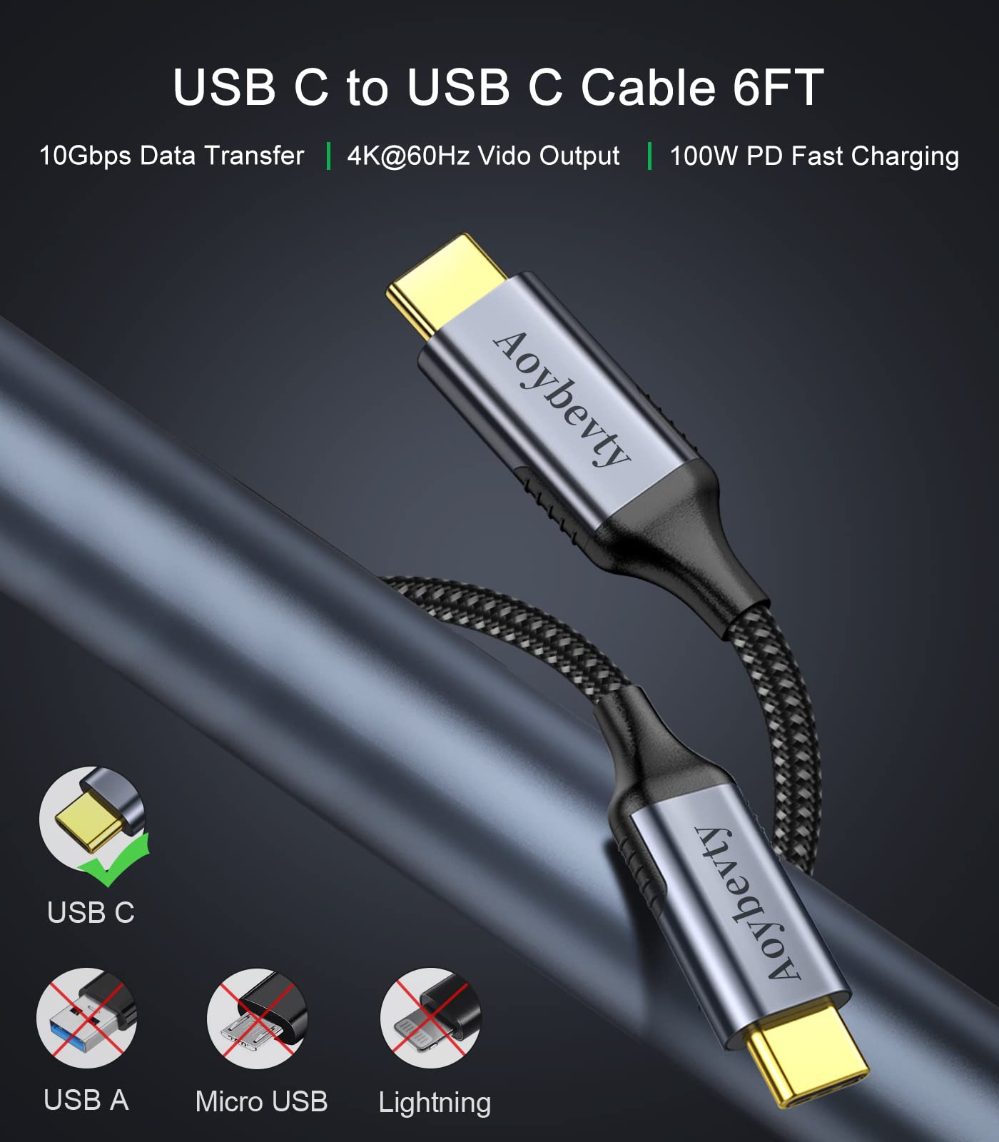 Aoybevty USB C to USB C 3.1/3.2 Cable 6FT, 10Gbps Data Transfer 100W Fast Charging 4K@60Hz Video Monitor Cable for Thunderbolt 4/3 Laptop Tablet Cell Phone USB Type C Electronics Devices