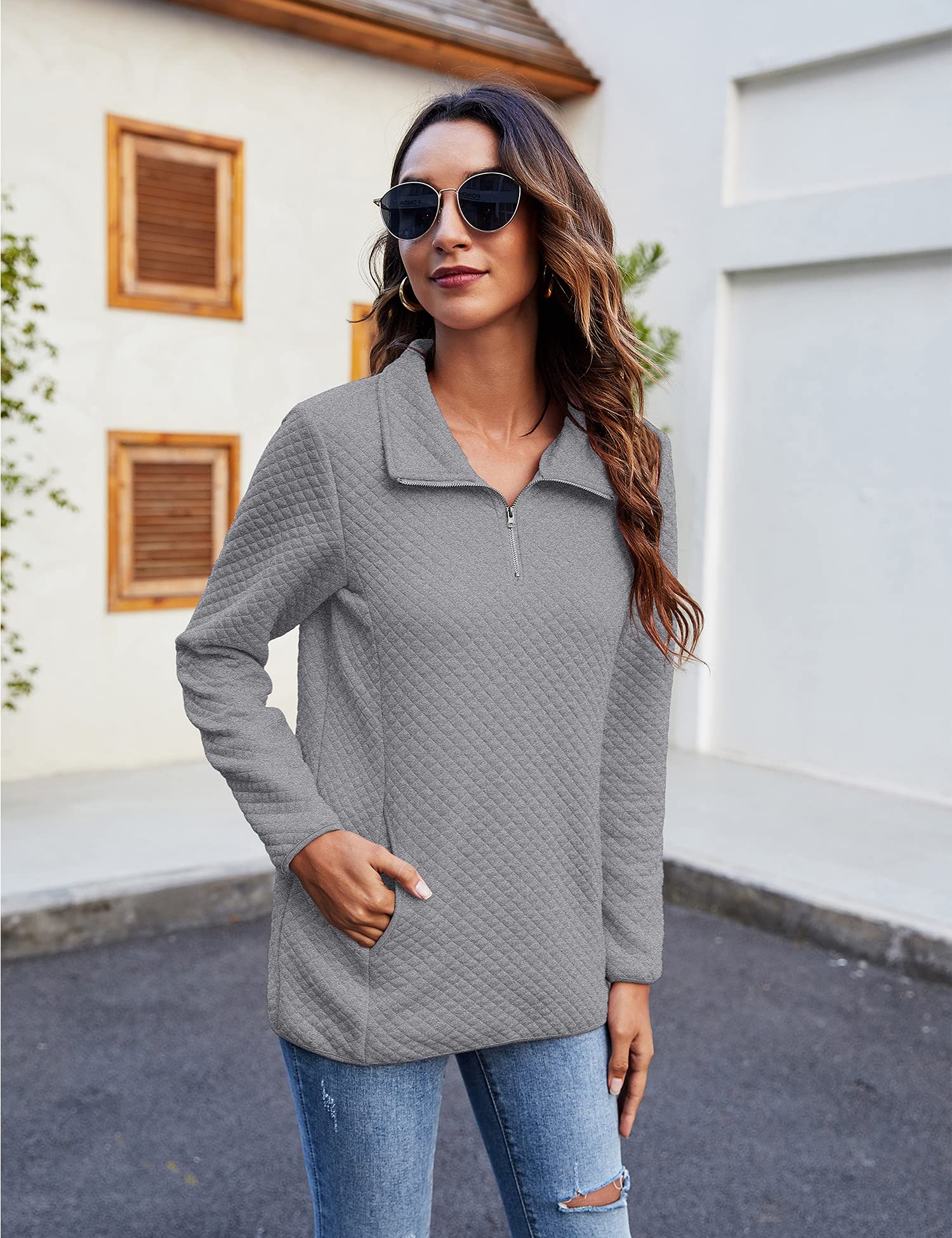 AKEWEI Women Half Zipper Long Sleeve Pullover Quilted Pattern Hoodie Casual Sweatshirt Stand Collar Tops with Pocket Grey S