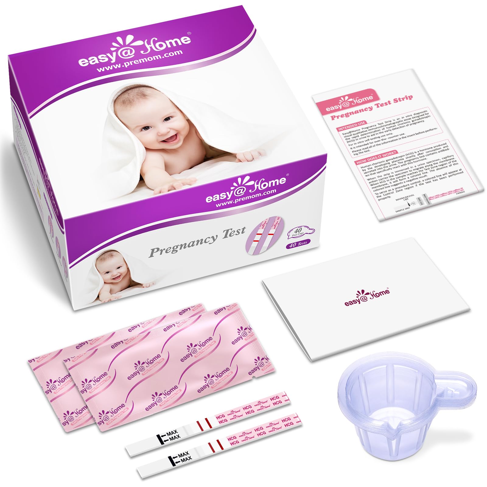Easy@Home 40 Pregnancy Test Strips with 40 Urine Cups - Fast & Accurate Early Detection, Sensitive & Clear Results, Designed for Women Trying to Conceive EXP 07-31-2025