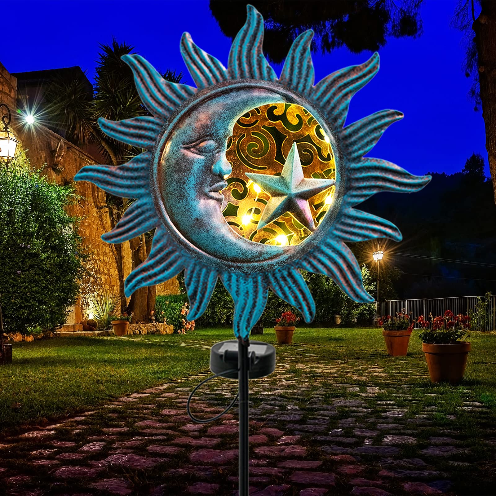 DREAMSOUL Solar Pathway Lights Outdoor Garden Decorative Metal Retro Sun Face Solar Lights with Stakes Garden LED Lights Waterproof Solar Lights Yard Art Decor for Pathway, Lawn, Patio, Party, Home