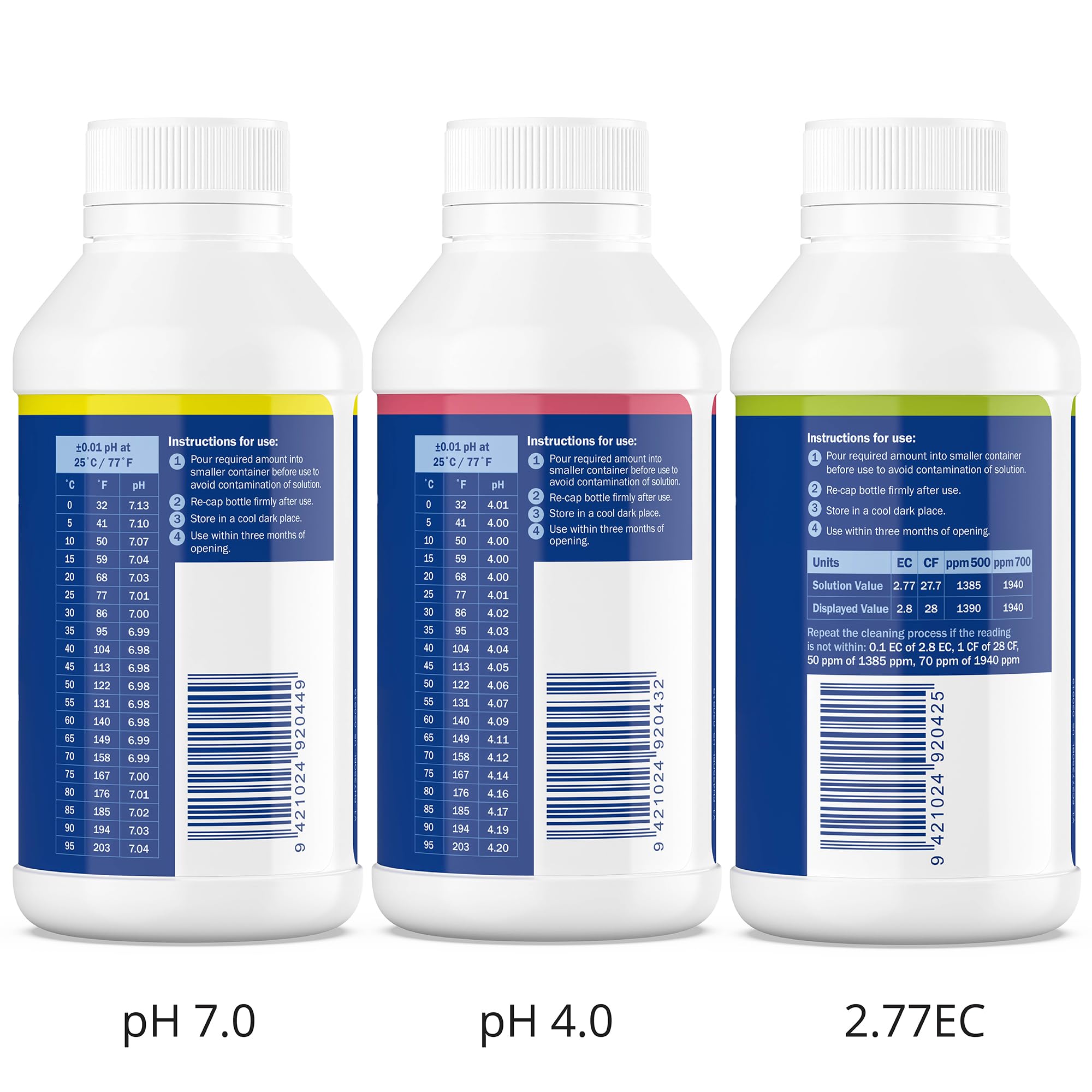 BlueLab 2.77EC Conductivity Solution, PH 7.0, and PH 4.0 Calibration Solution Set 250 Milliliters